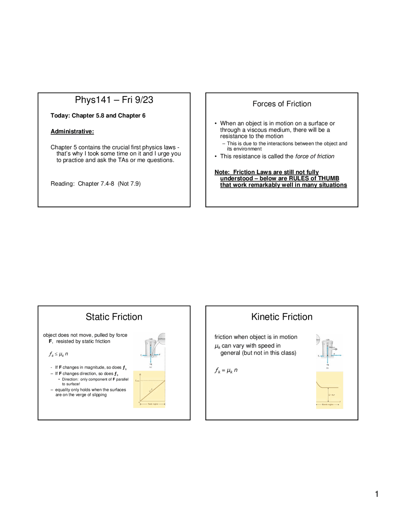 Static and Kinetics Forces of Frictions | PHYS 141 - Docsity