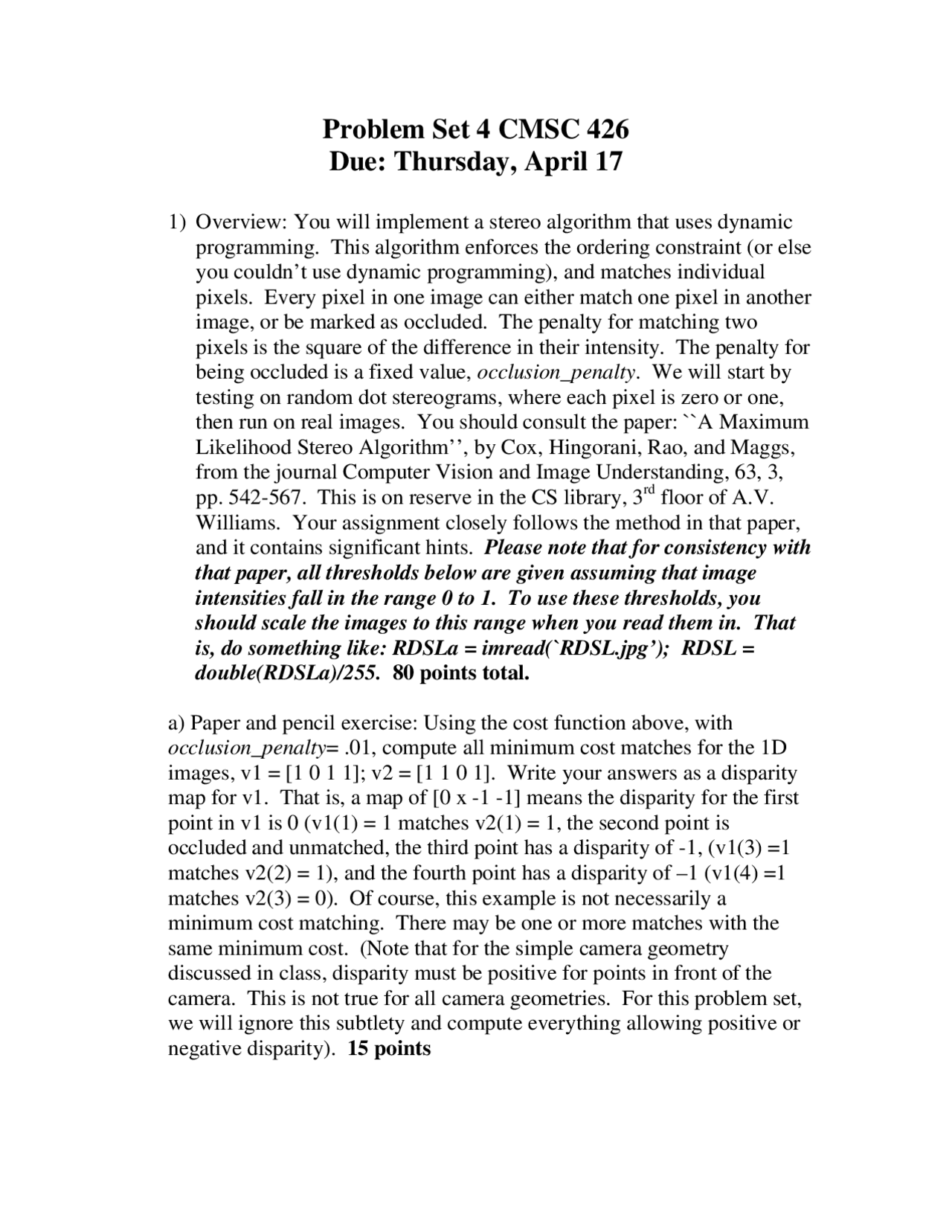 An Overview of Stereo Algorithm in the Dynamic Programming | CMSC 426 - Docsity