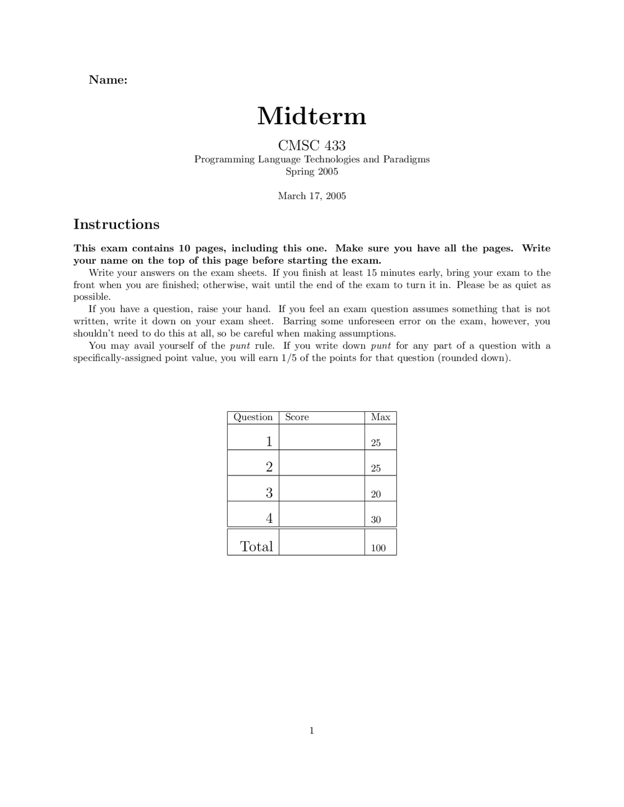 Midterm Programming Language Technologies And Paradigms Cmsc 433