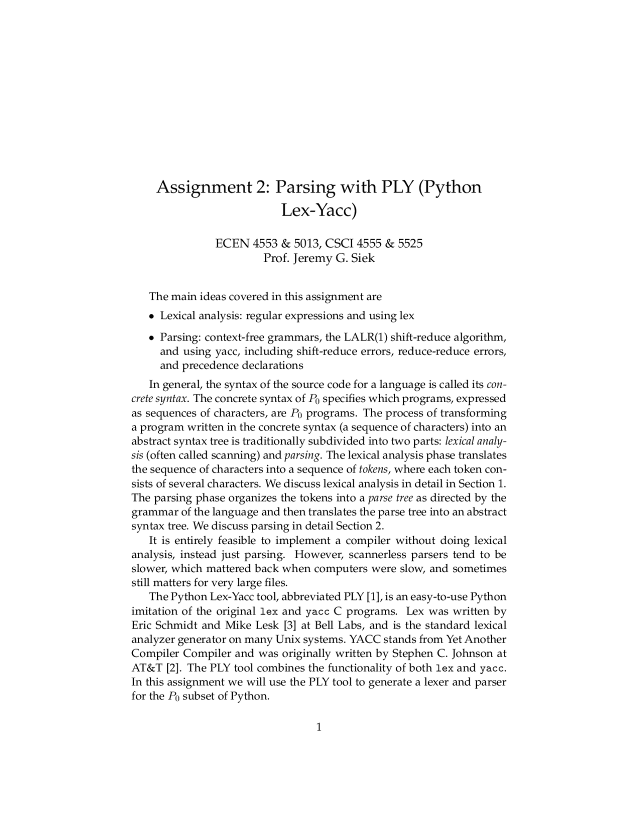 Parsing With Python Lex Yacc Assignment 2 Ecen 4553 Docsity