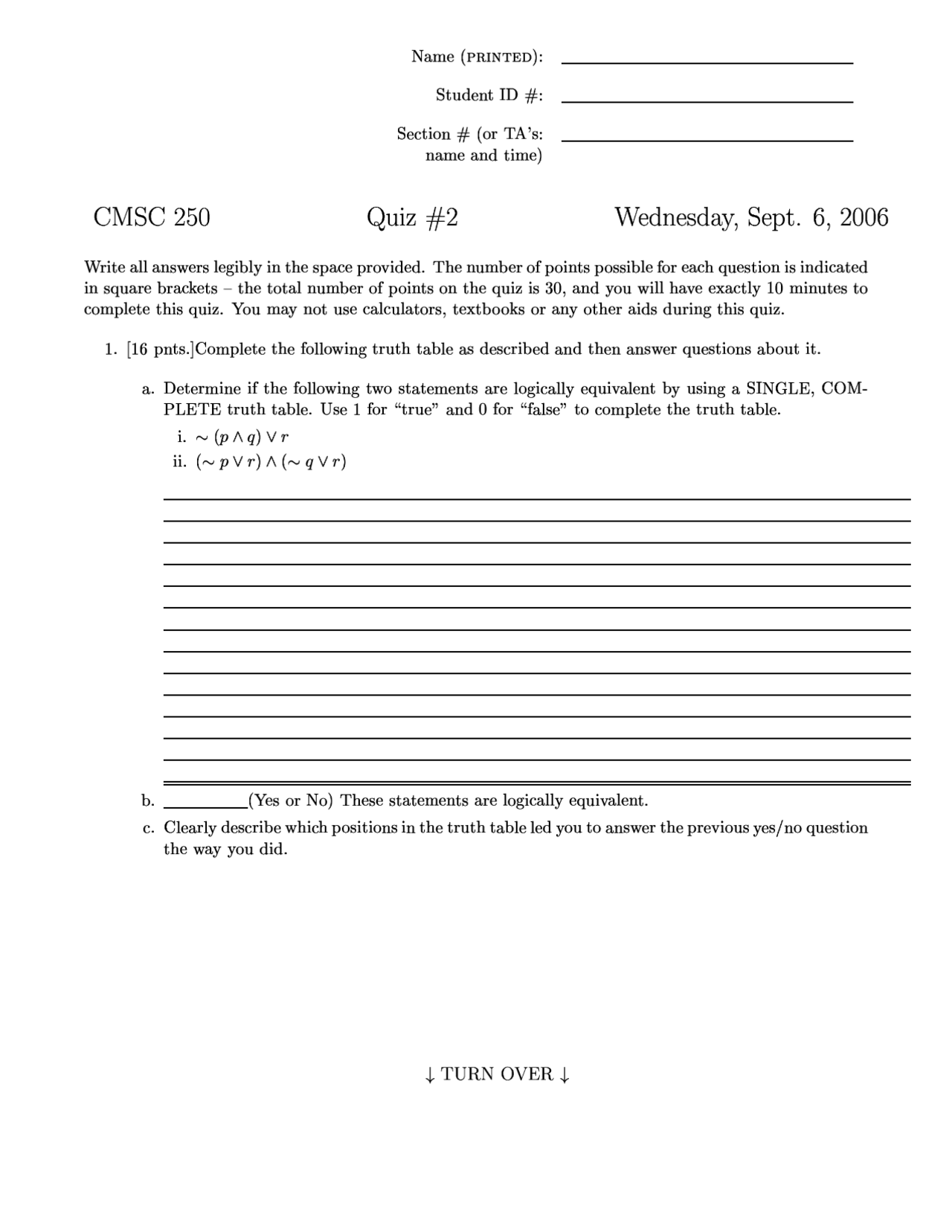 4 Questions In Quiz 2 Discrete Structures 2006 Cmsc 250 Docsity
