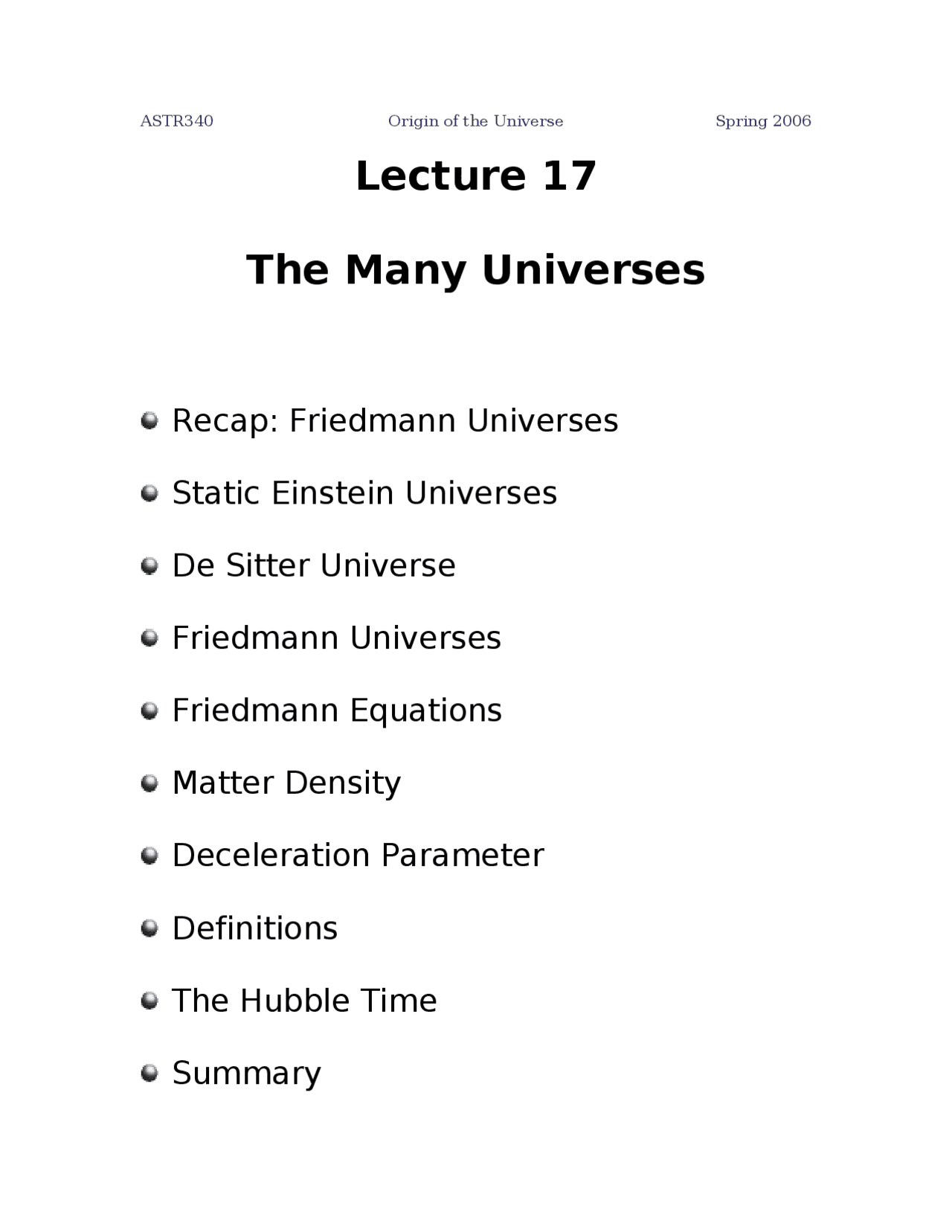 The Many Universes - Lecture Slides | ASTR 340 - Docsity