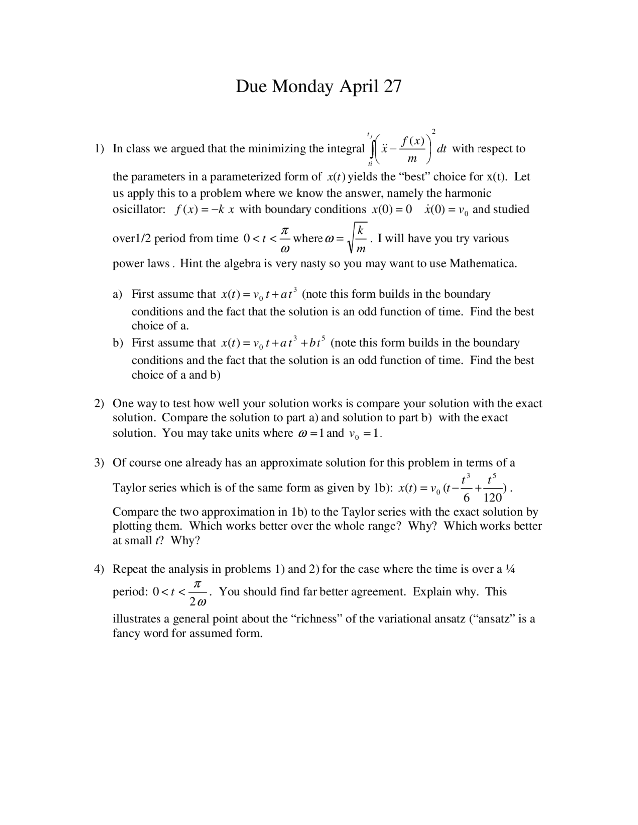 Classical Mechanics - Homework Questions | PHYS 410 - Docsity