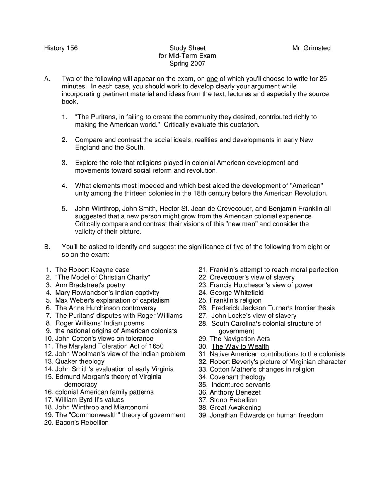 History U.S to 1865 - Midterm Study Sheet | HIST 156 - Docsity