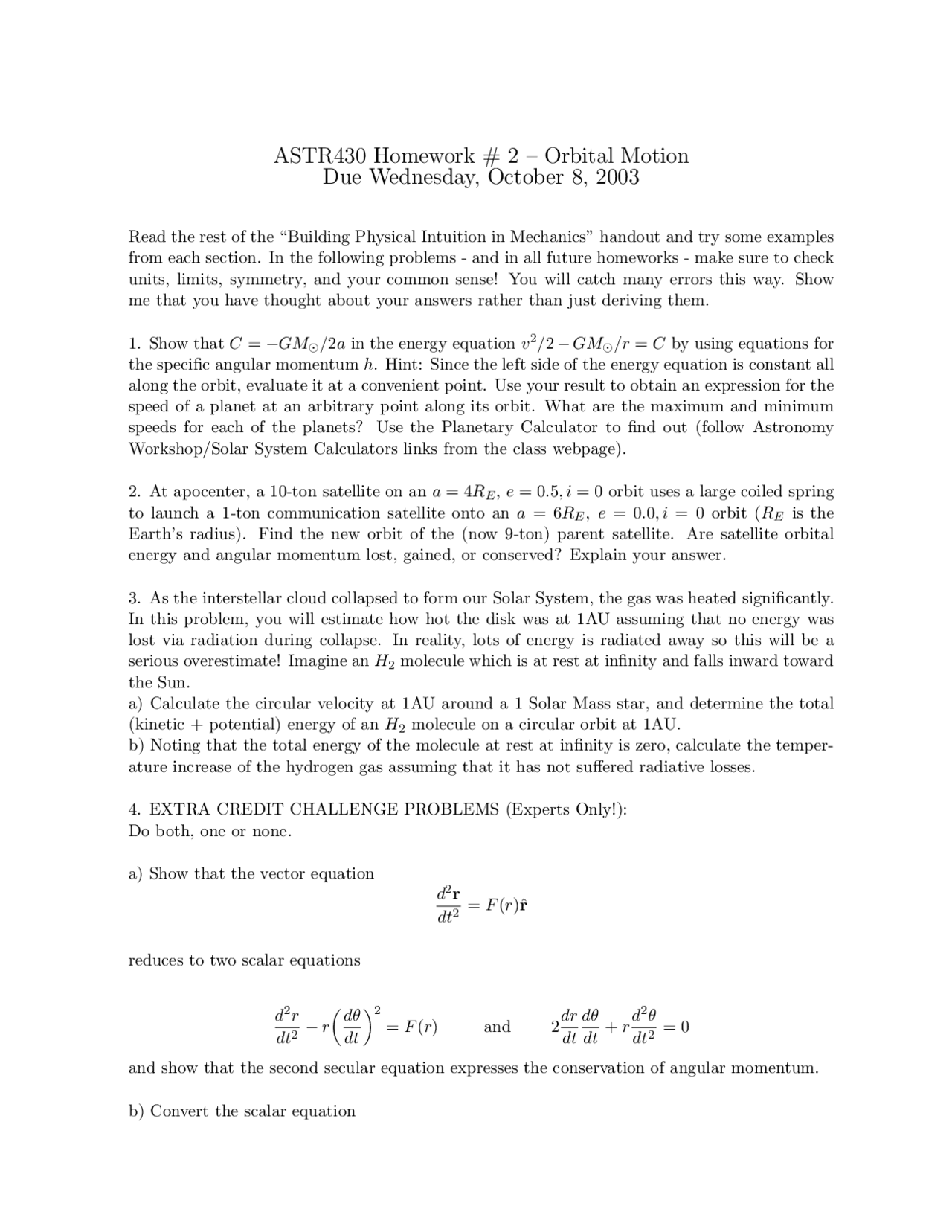 Orbital Motion Homework 2 The Solar System Astr 430 Docsity