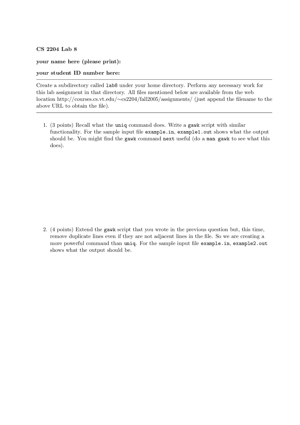 Gawk Script With Similar Functionality Unix Lab 8 Cs 2204 Docsity