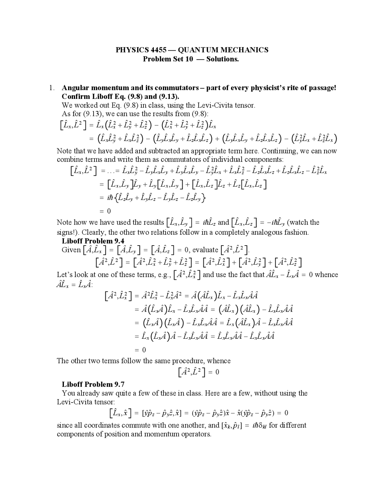 Problem Set 10 with Solutions - Introduction to Quantum Mechanics | PHYS 4455 - Docsity
