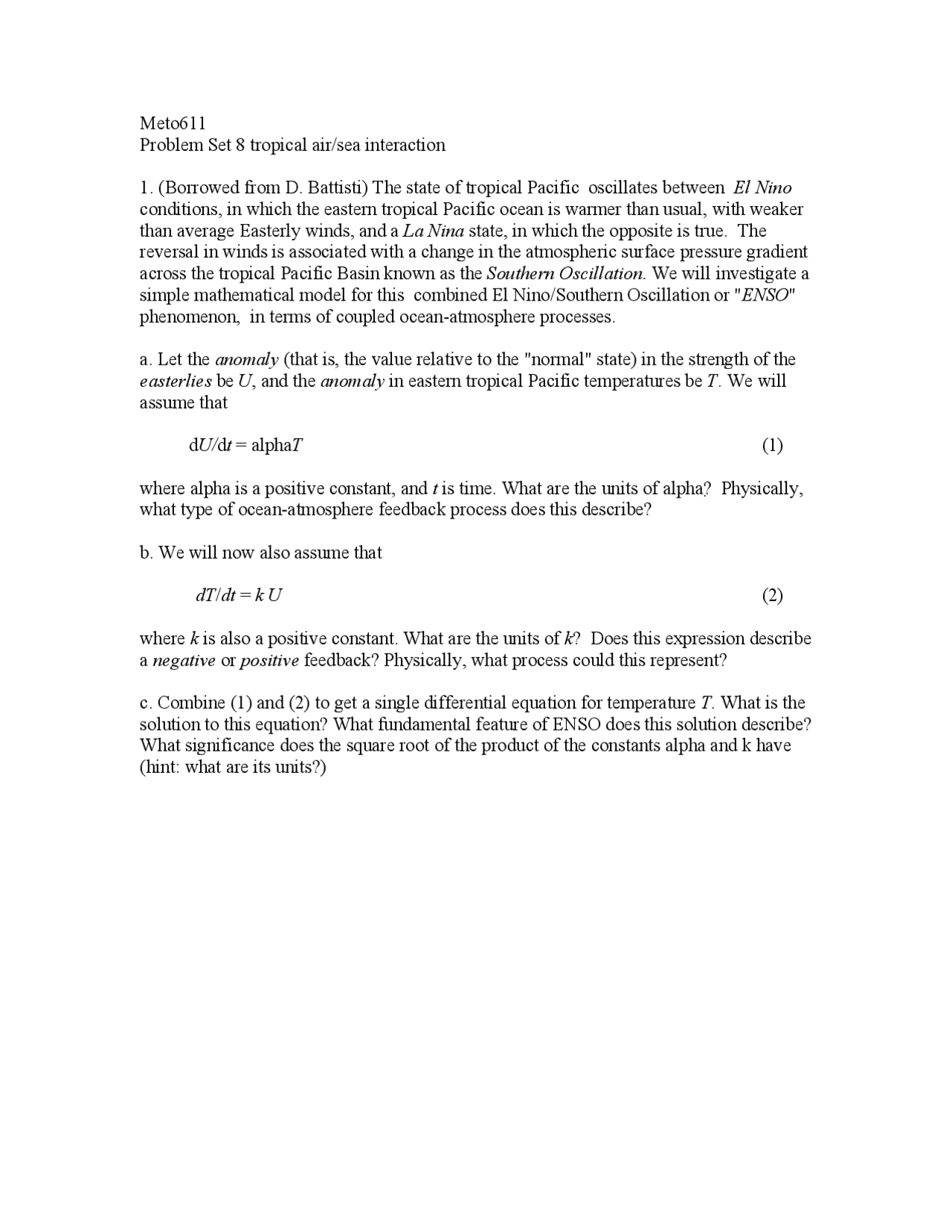 ENSO: A Mathematical Model of El Niño-Southern Oscillation - Prof. James A. Carton | Assignments ...