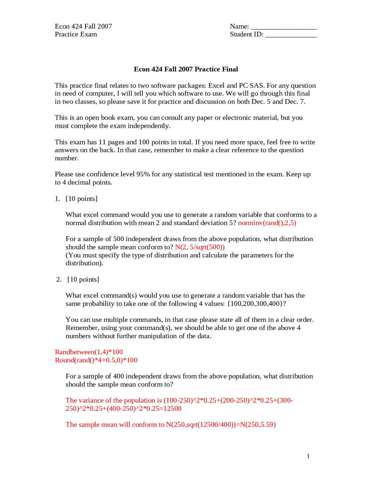 Practice Final Exam For Computer Method In Economics Fall 2007 Econ