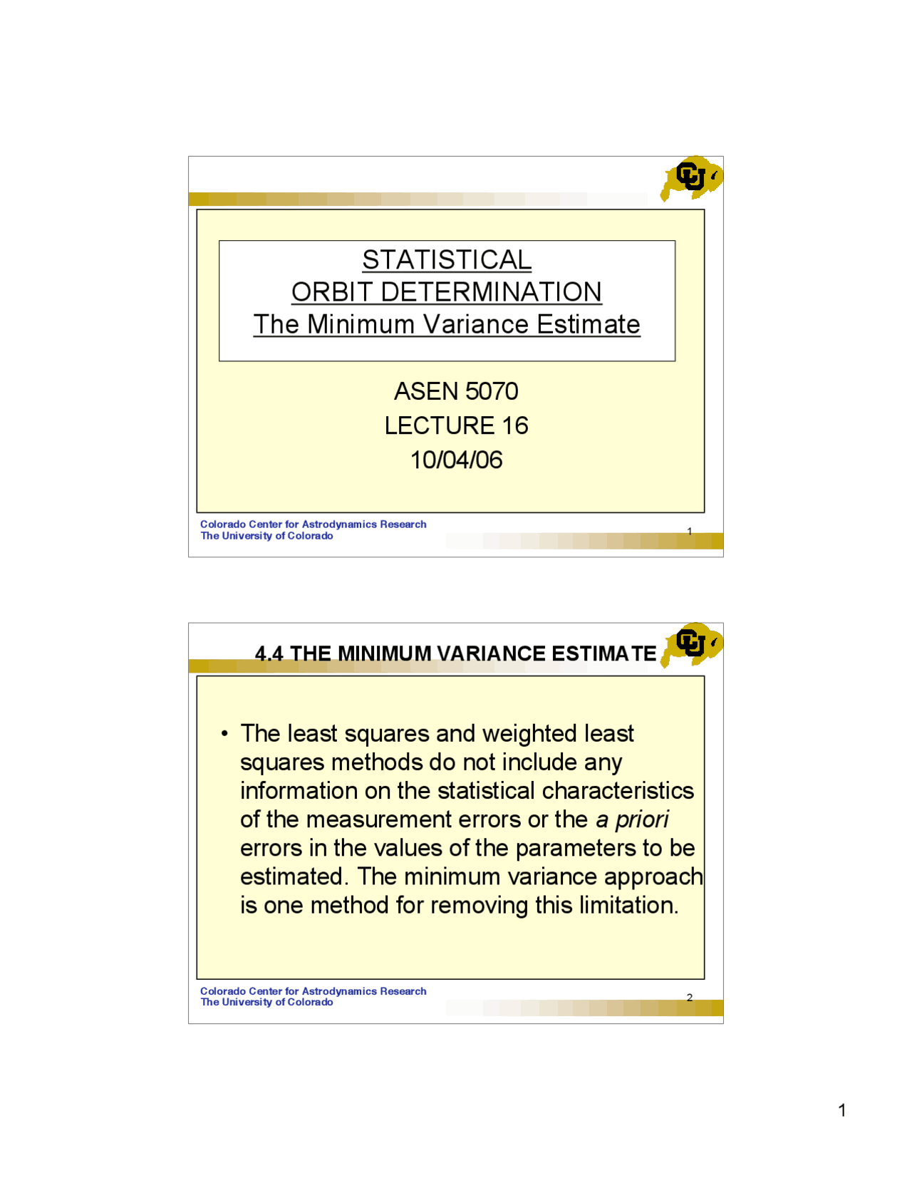 The Minimum Variance Estimate - Lecture Slides | ASEN 5070 - Docsity