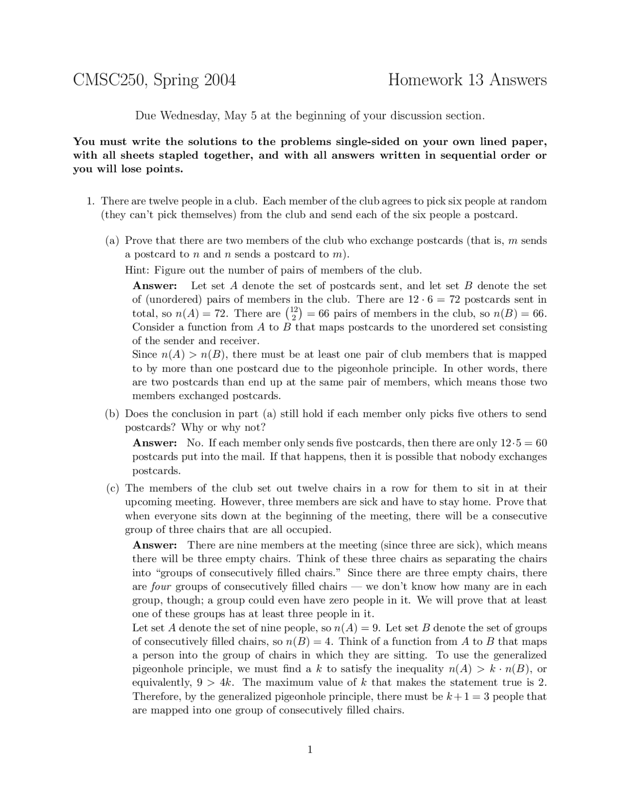 Homework 13 With Solutions For Discrete Structures Spring 2004 Cmsc