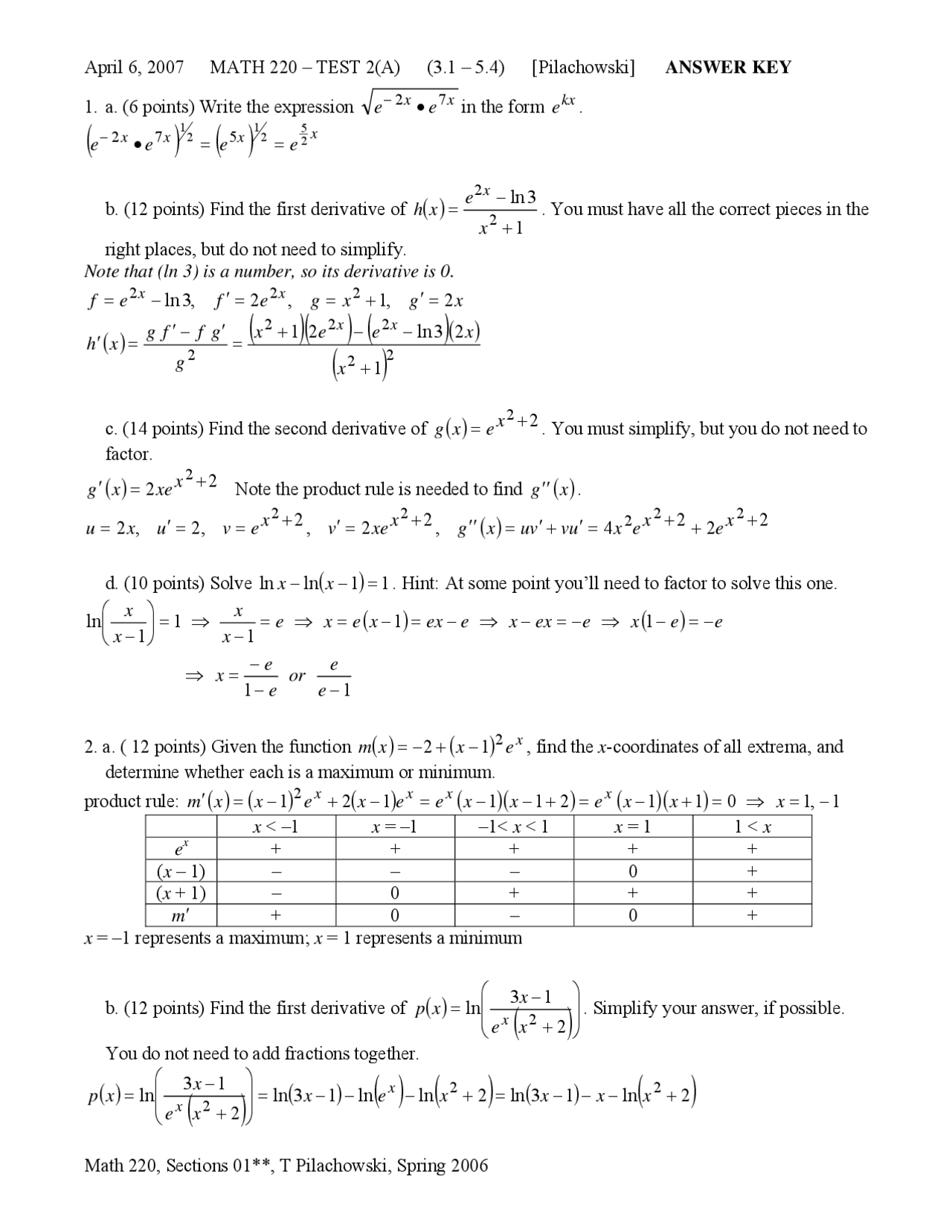 Exam 2 Answers Key Elementary Calculus I Math 220 Docsity