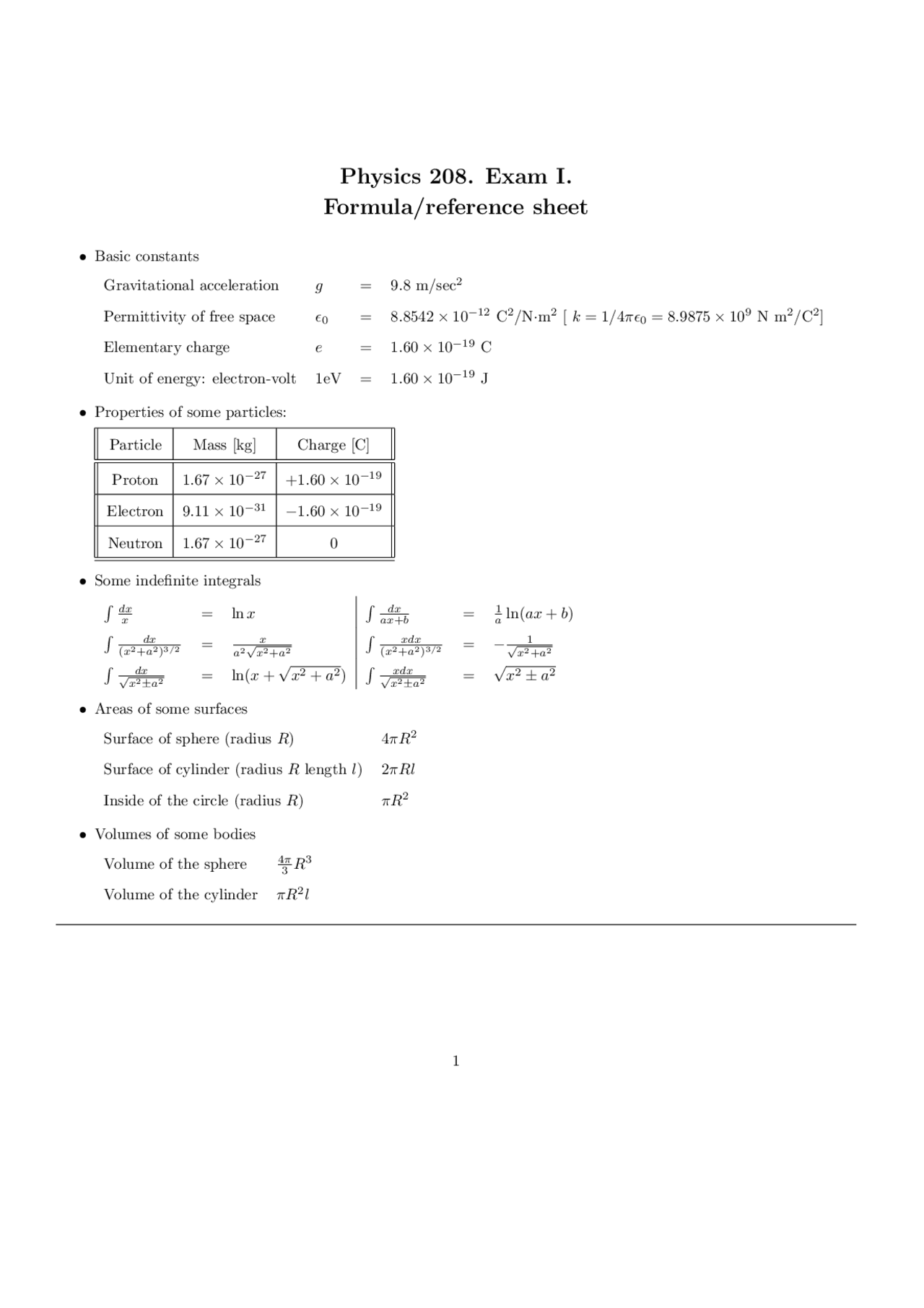 Formula Sheet For Exam 1 Electricity And Optics Phys 208 Docsity