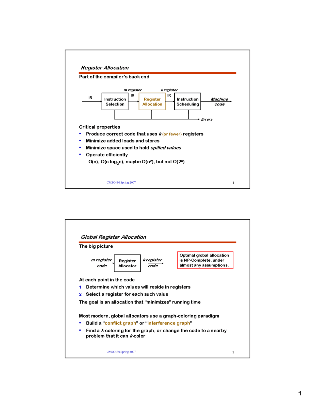 Notes On Global Register Allocation Introduction To Compilers Cmsc 430 Docsity