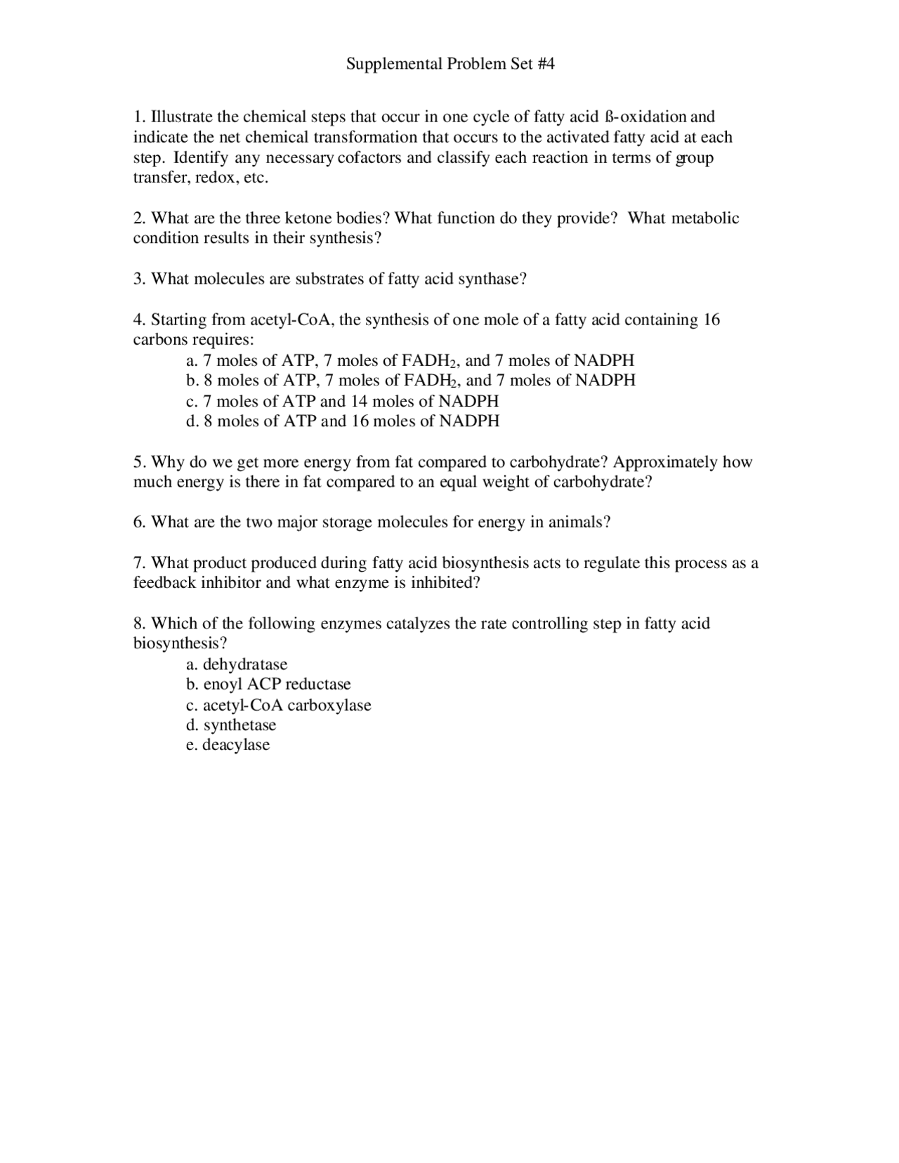 Supplemental Problem Set 4 - Biochemistry of Physiology | BCHM 463 - Docsity