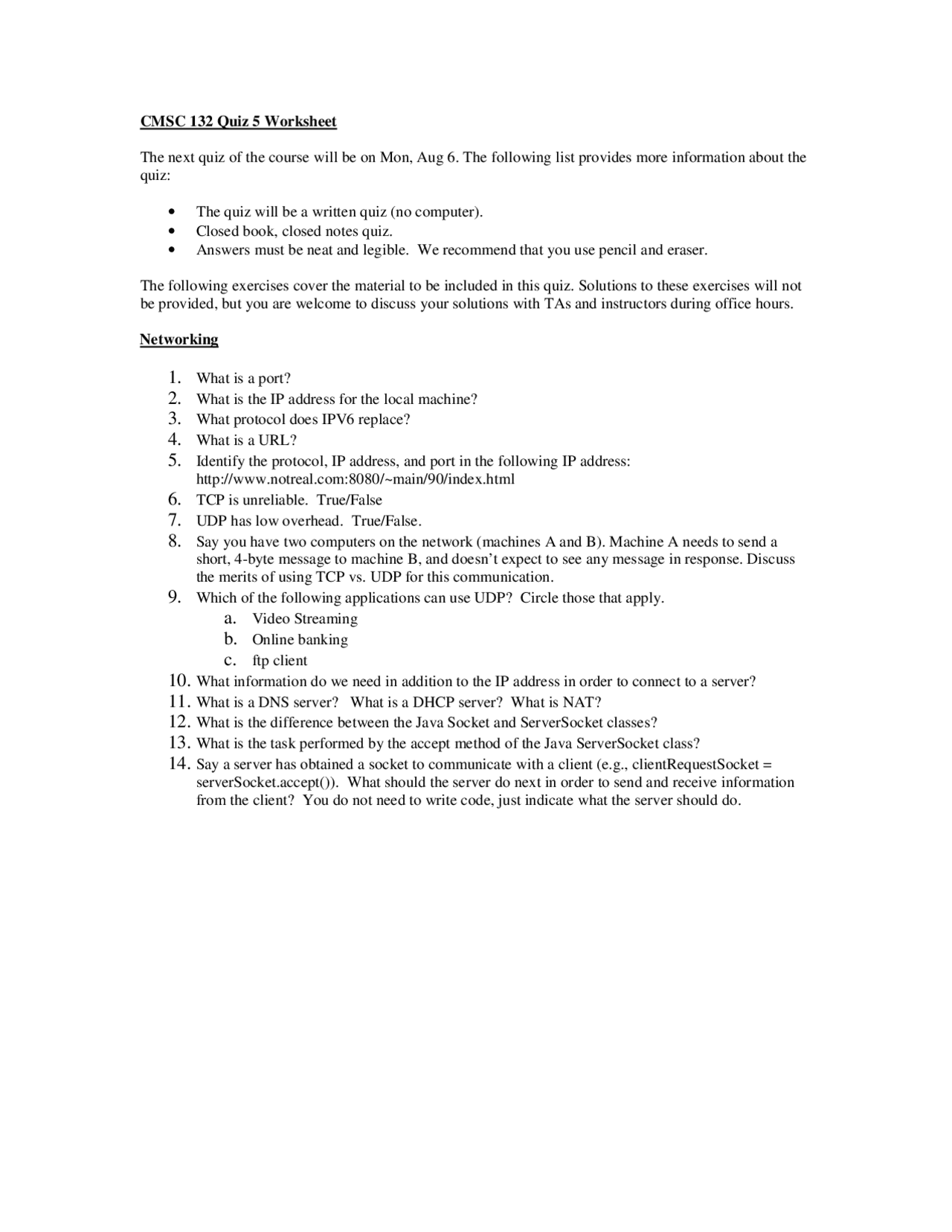 Quiz 5 Worksheet - Networking - Object Oriented Programming I | CMSC 132 | Quizzes Computer ...