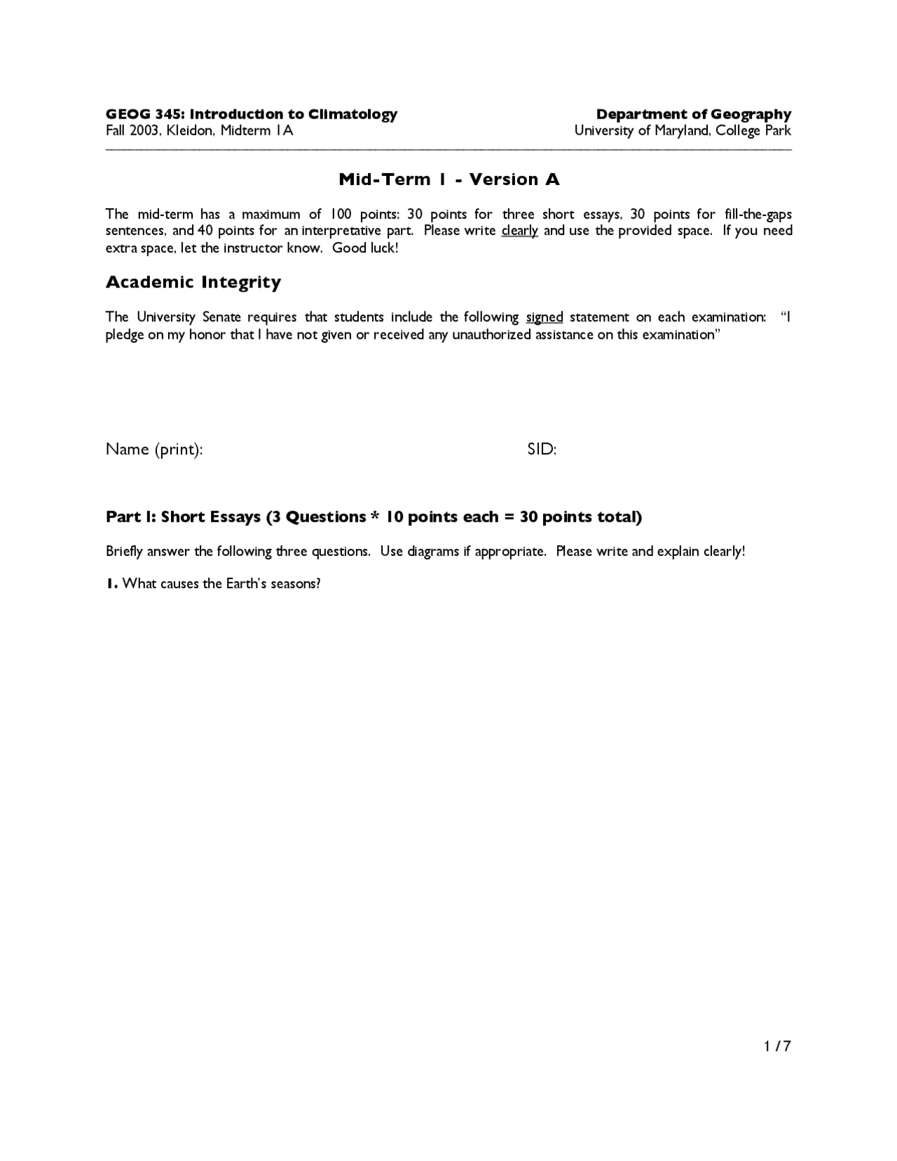 Midterm Exam 1 Version A For Introduction Climatology Geog 345 Docsity