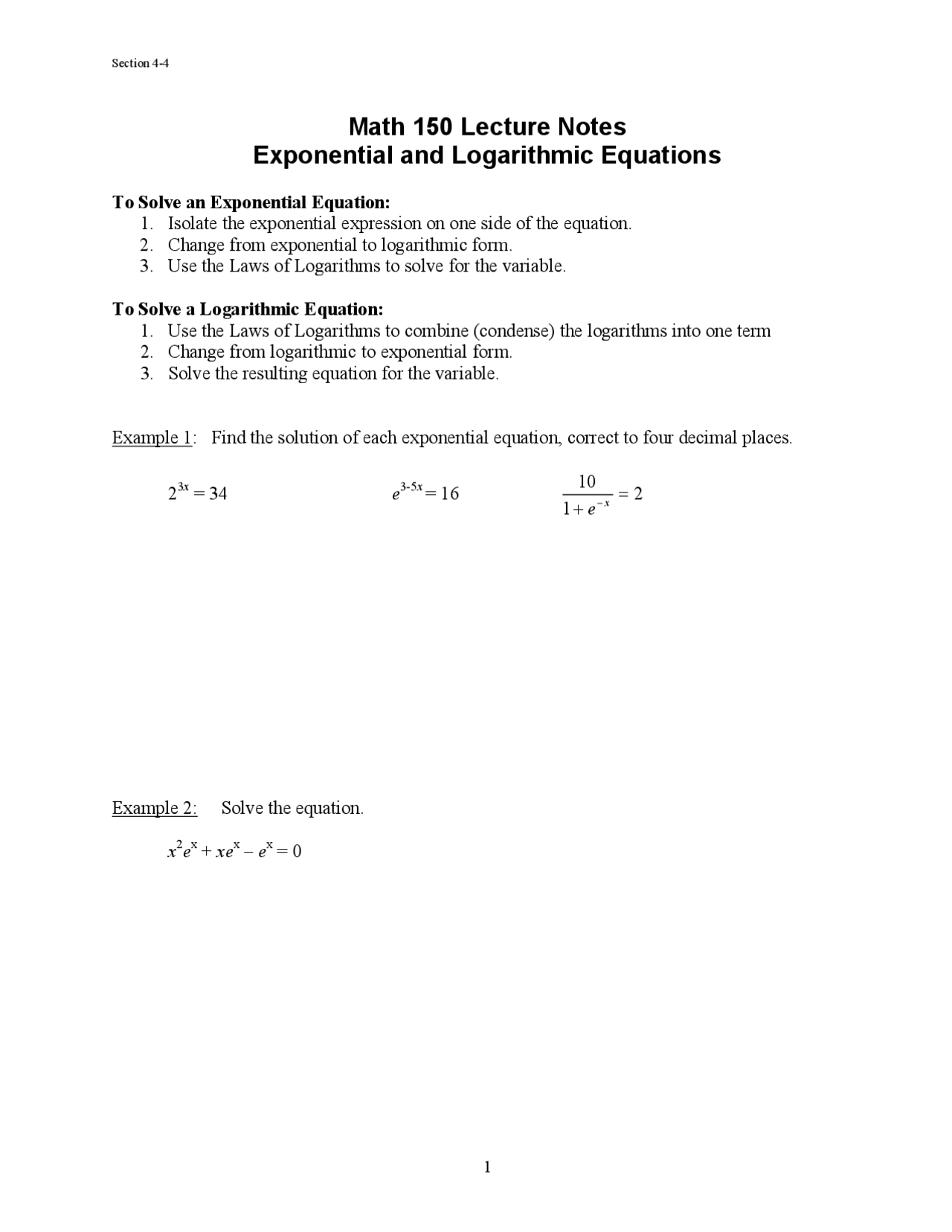 Exponential and Logarithmic Equations in Trigonometry | MATH 150 - Docsity