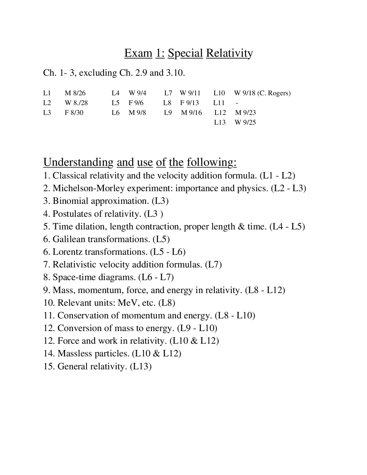 Exam 1 Review Sheet Special Relativity Phys 2130 Docsity