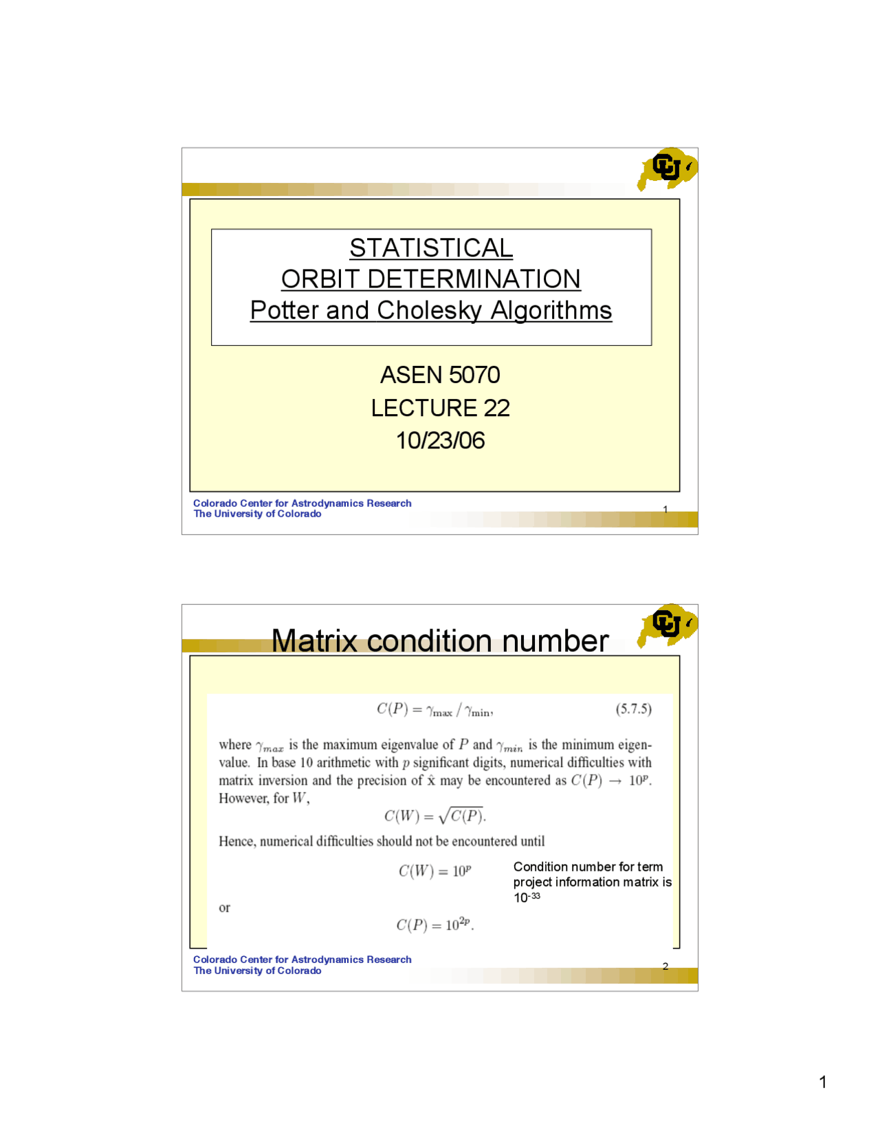 Lecture Slides for Potter and Cholesky Algorithms | ASEN 5070 - Docsity