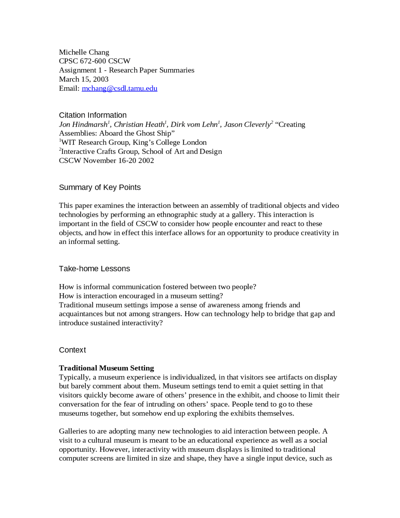 Research Paper Summary Assignment 1 Computer Supported Cooperative