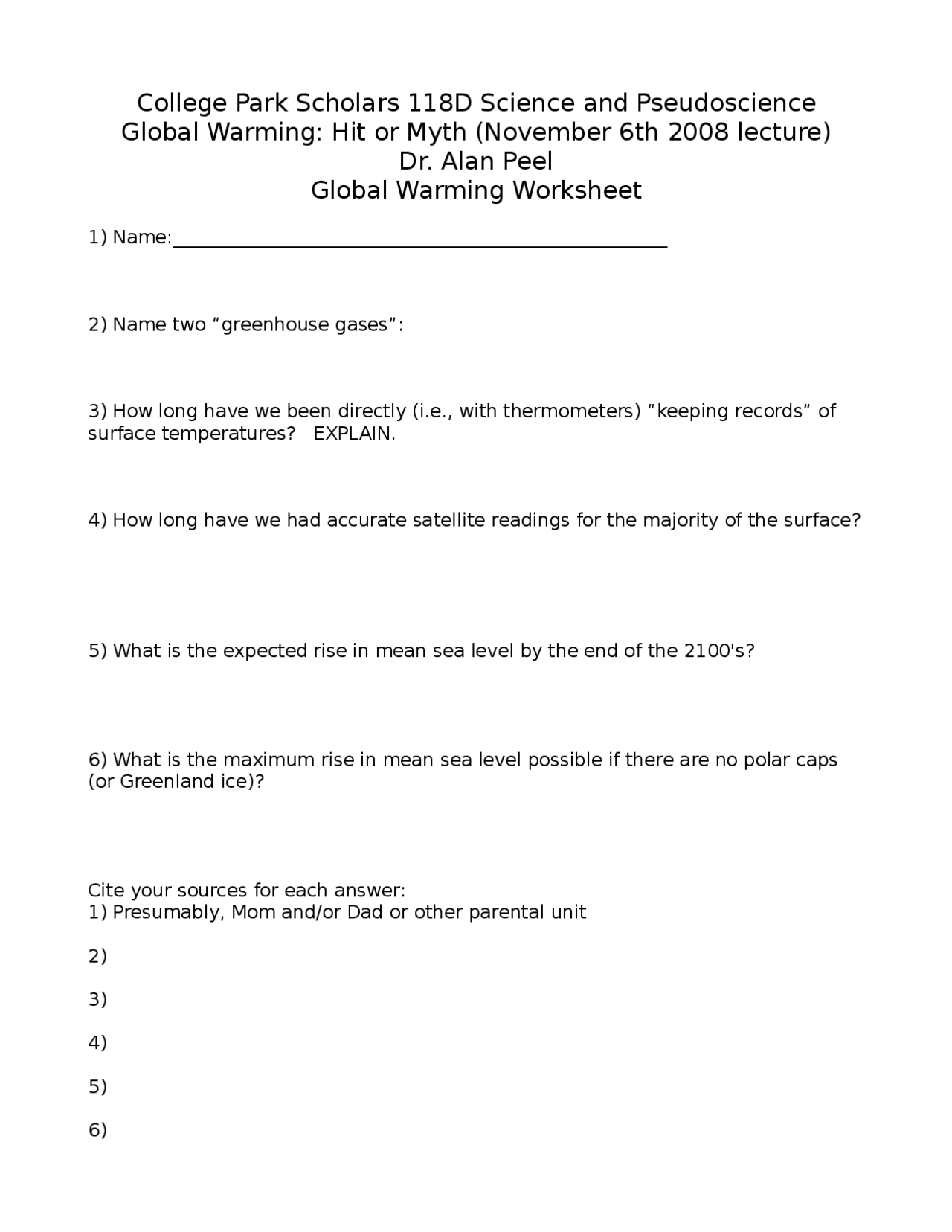Global Warming Worksheet - Assignment | CPSP 118D - Docsity