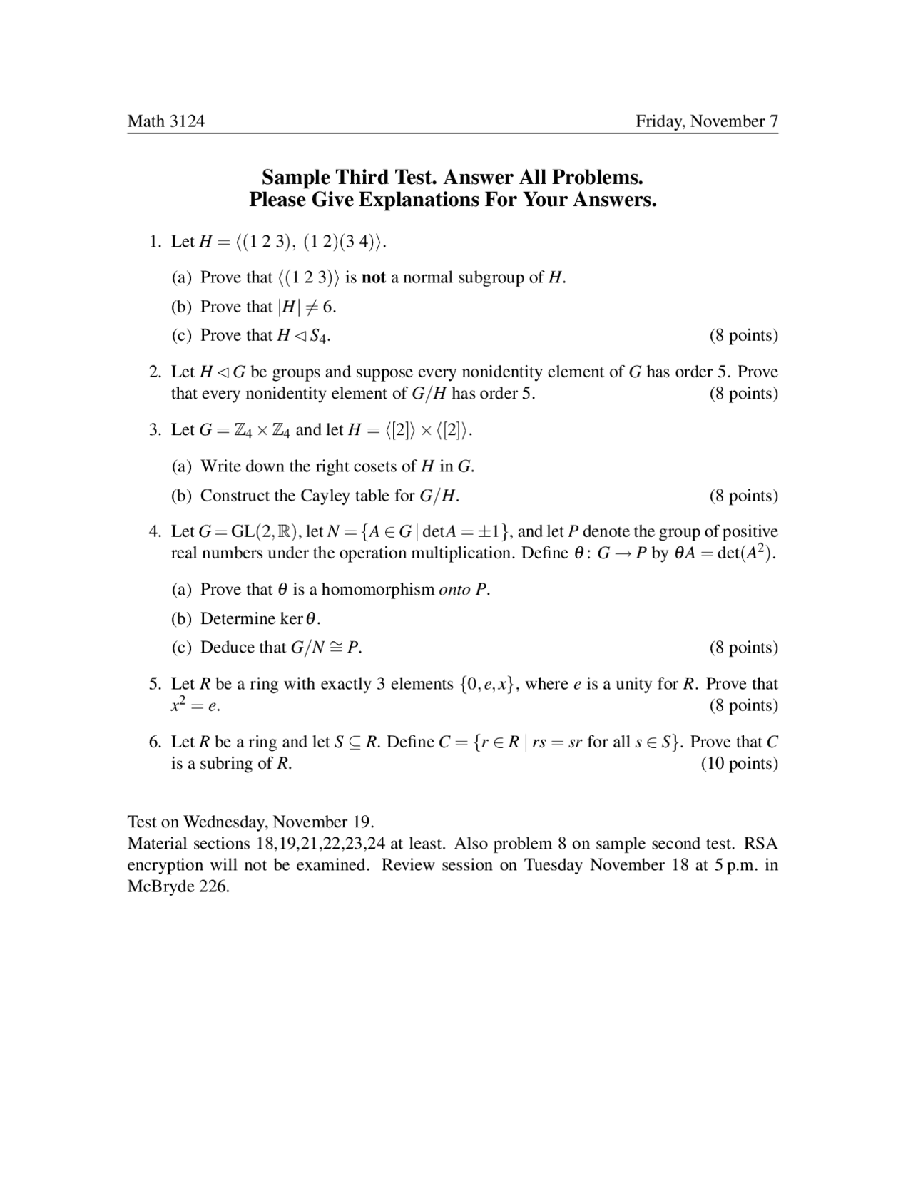 Construct Cayle Table - Test 3 - Modern Algebra | MATH 3124 - Docsity