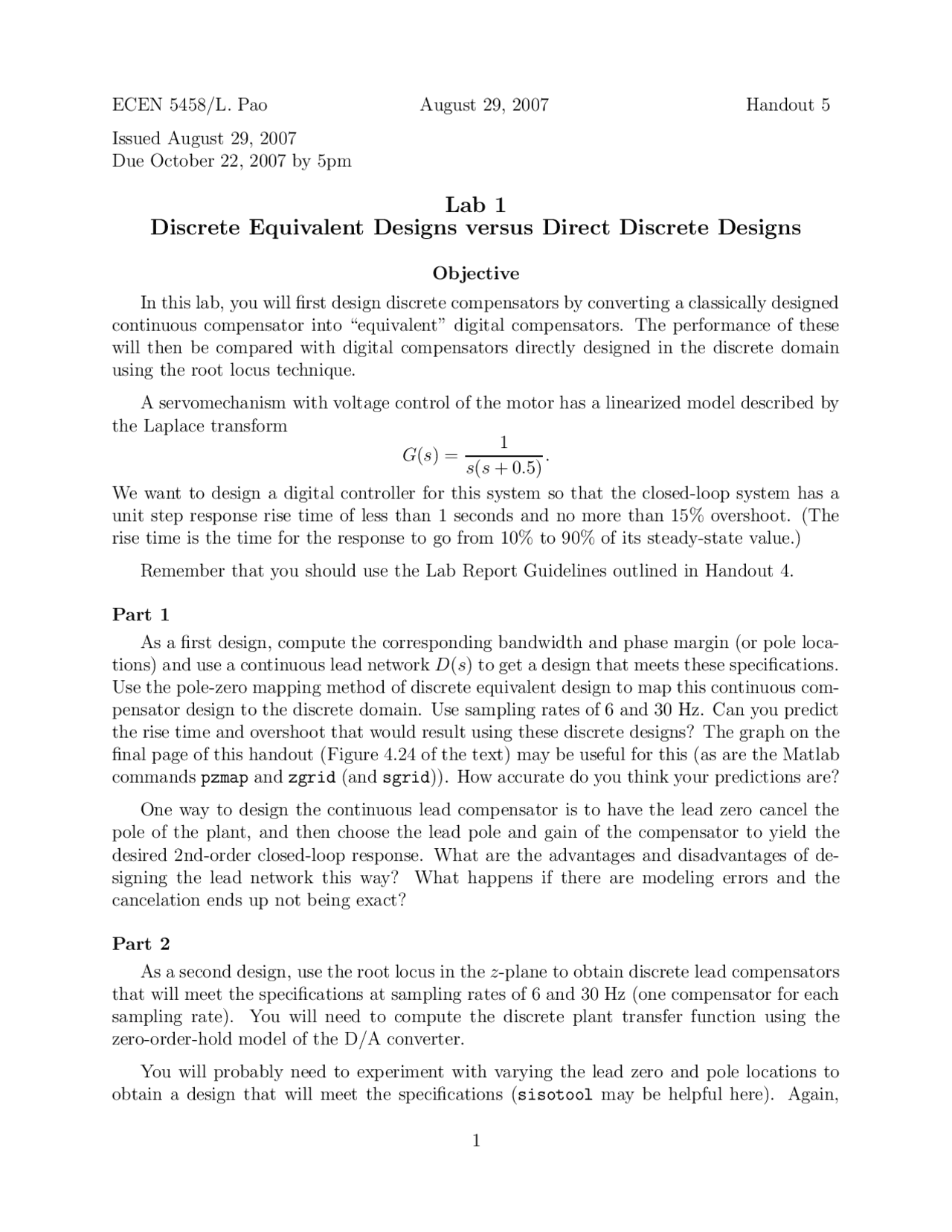 Discrete Equivalent Designs Versus Direct Discrete Designs Lab I Ecen 5458 Docsity