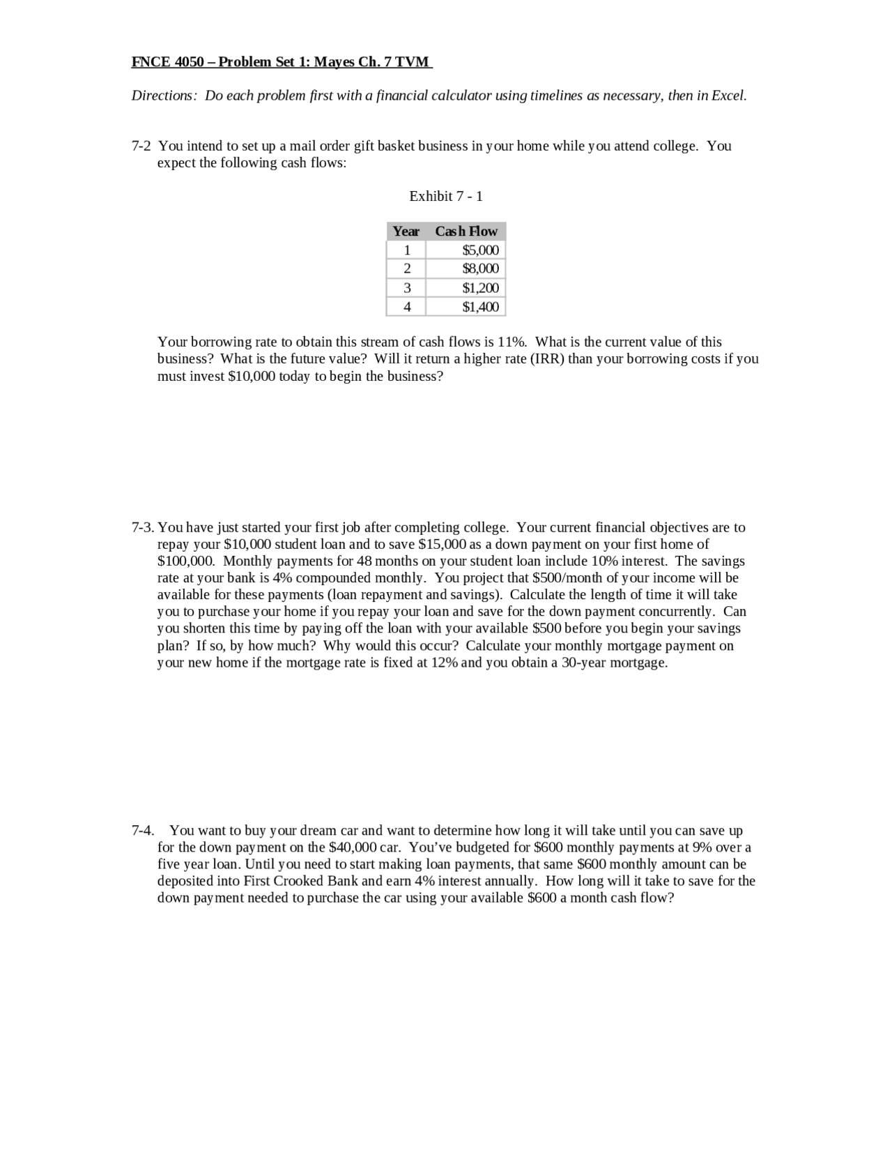 Problem Set 1 For Capital Investment Analysis Fnce 4050 Docsity