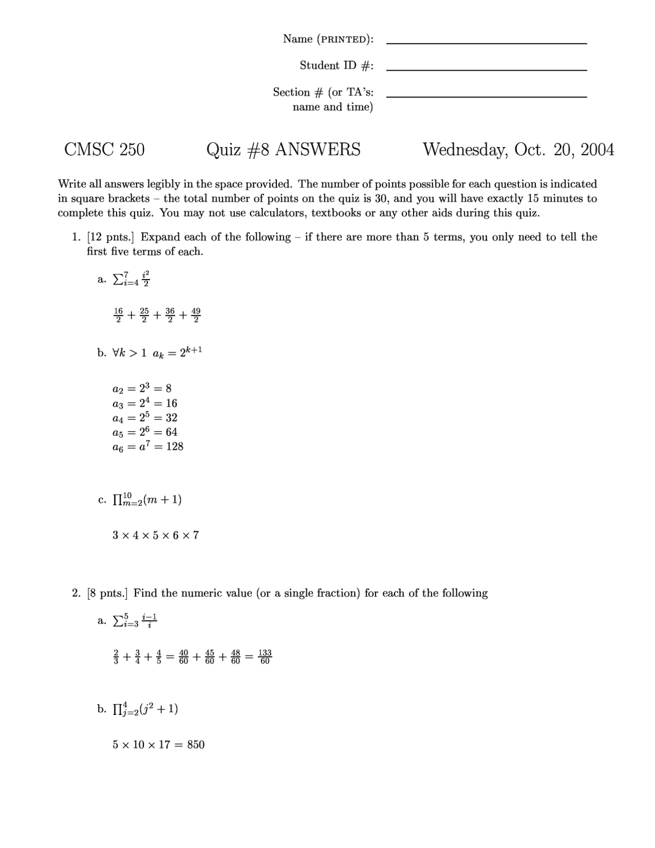 Quiz 8 With Answers Discrete Structures 2004 Cmsc 250 Docsity