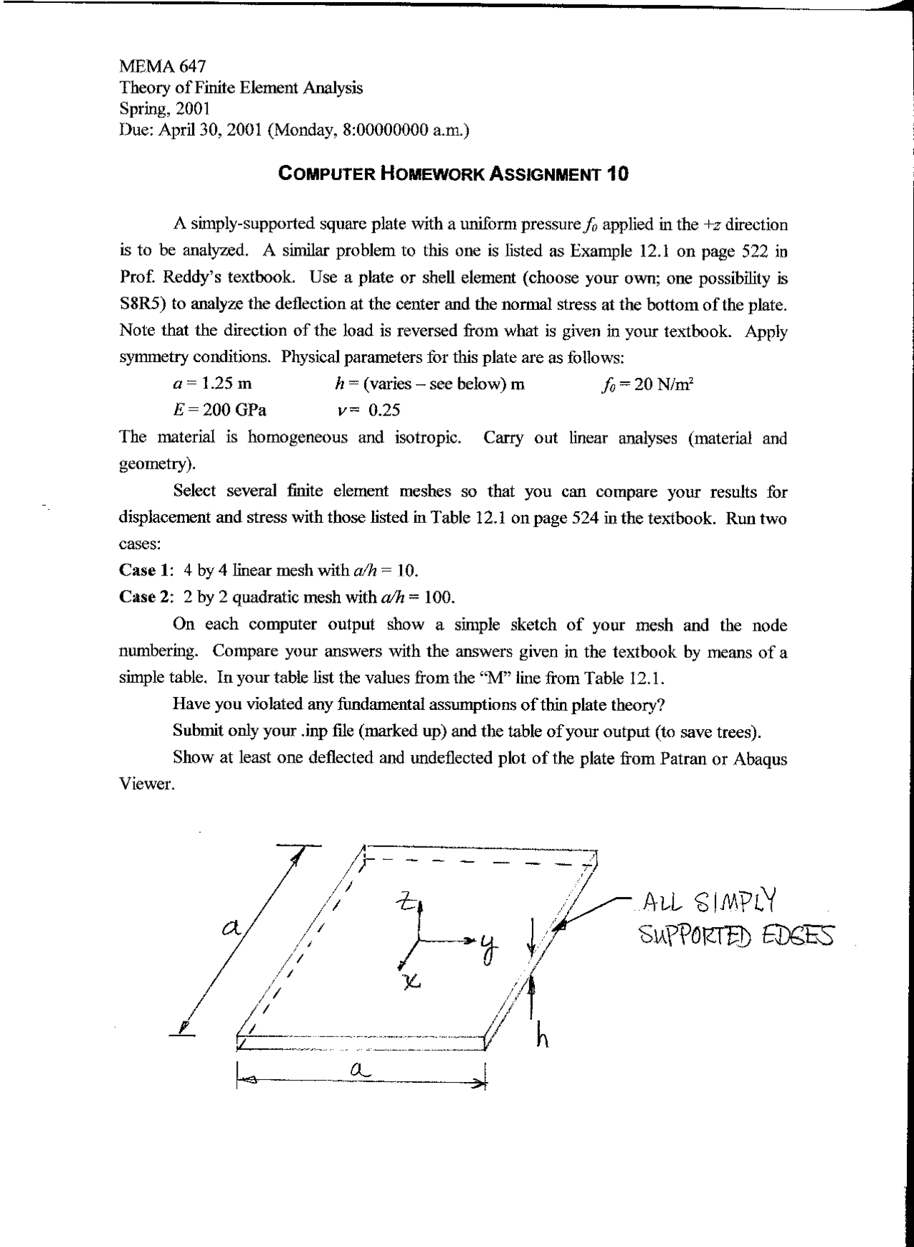 Computer Homework 10 Theory Of Finite Element Analysis Mema 647 Docsity