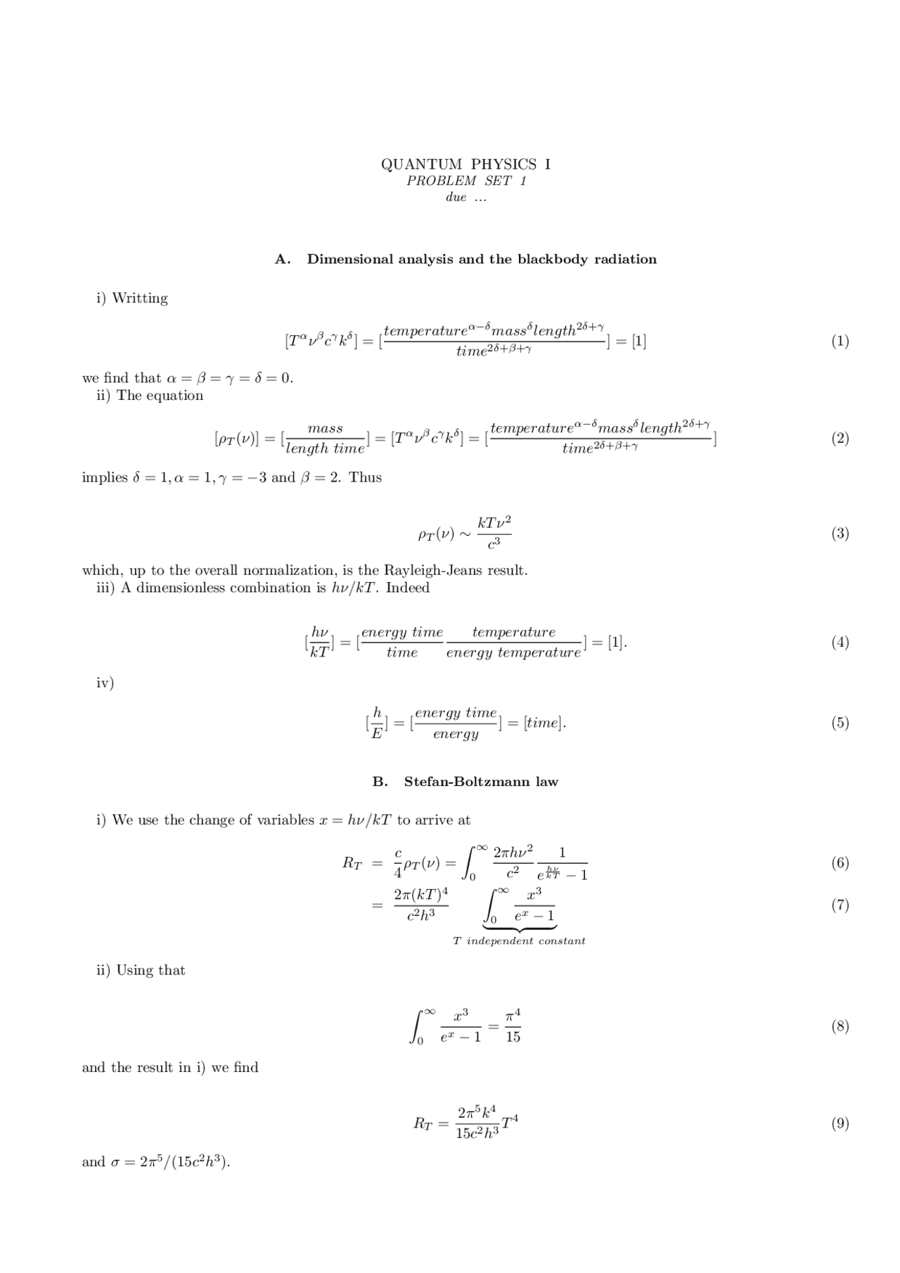 Problem Set 1 Quantum Physics I Phys 401 Docsity