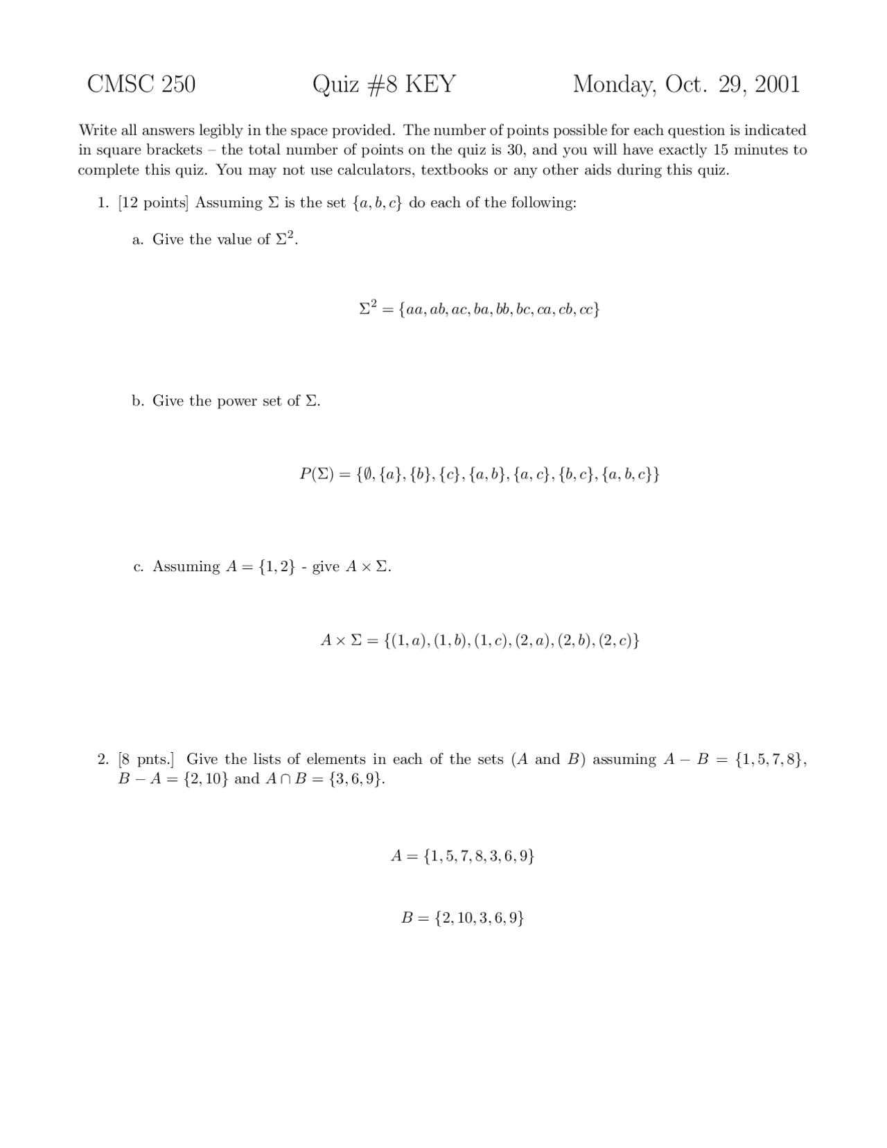 Quiz 8 With Answer Key Discrete Structures Cmsc 250 Docsity
