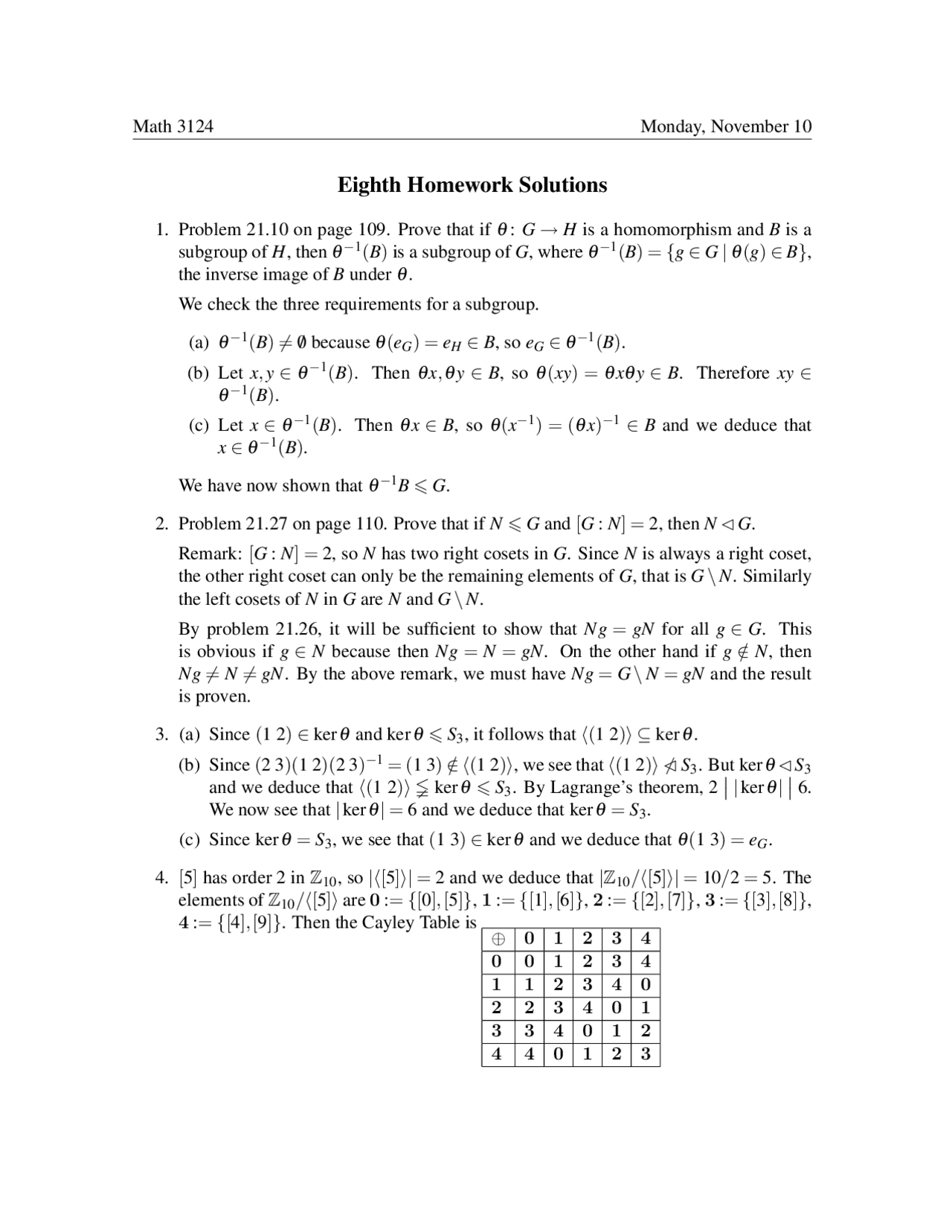 Homework 8 Solutions Modern Algebra Math 3124 Docsity