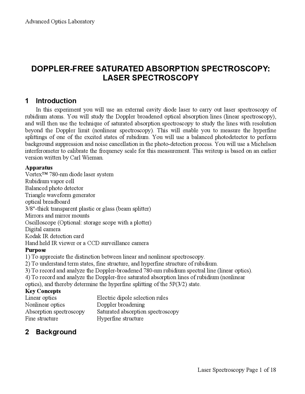 Doppler-Free Saturated Absorption Spectroscopy: Laser Spectroscopy 1 ...