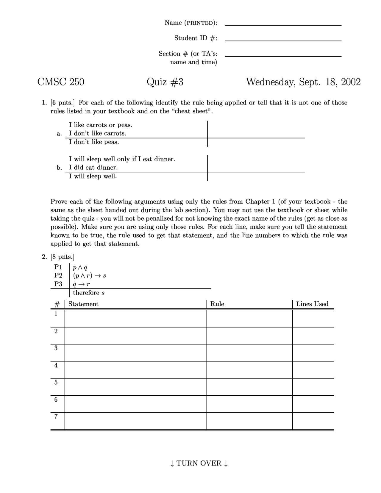 Quiz 3 with Solutions - Discrete Structures - Fall 2002 | CMSC 250 - Docsity