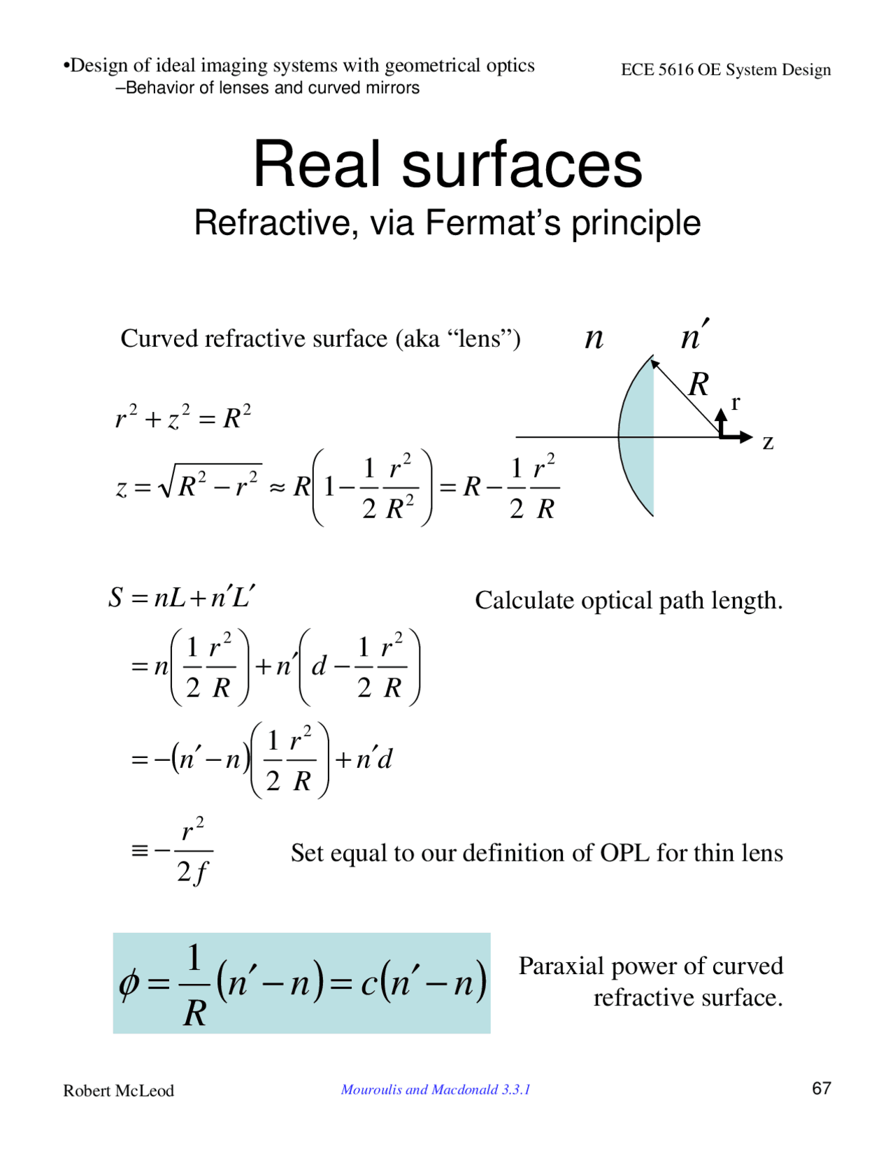 Lecture Notes on Real Surfaces Refractive, Via Fermat's Principle ...