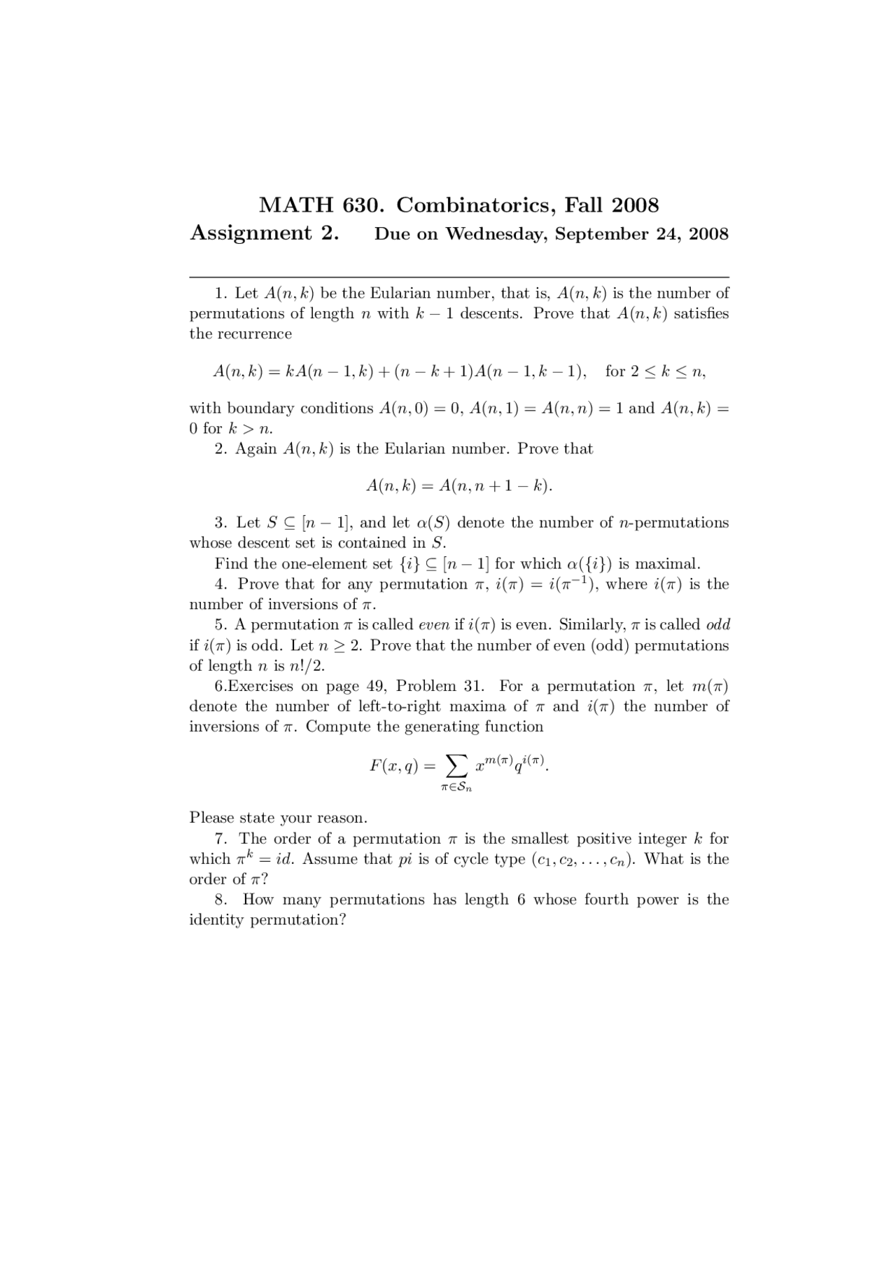 Enumerative Combinatorics Assignment 2 Math 630 Docsity