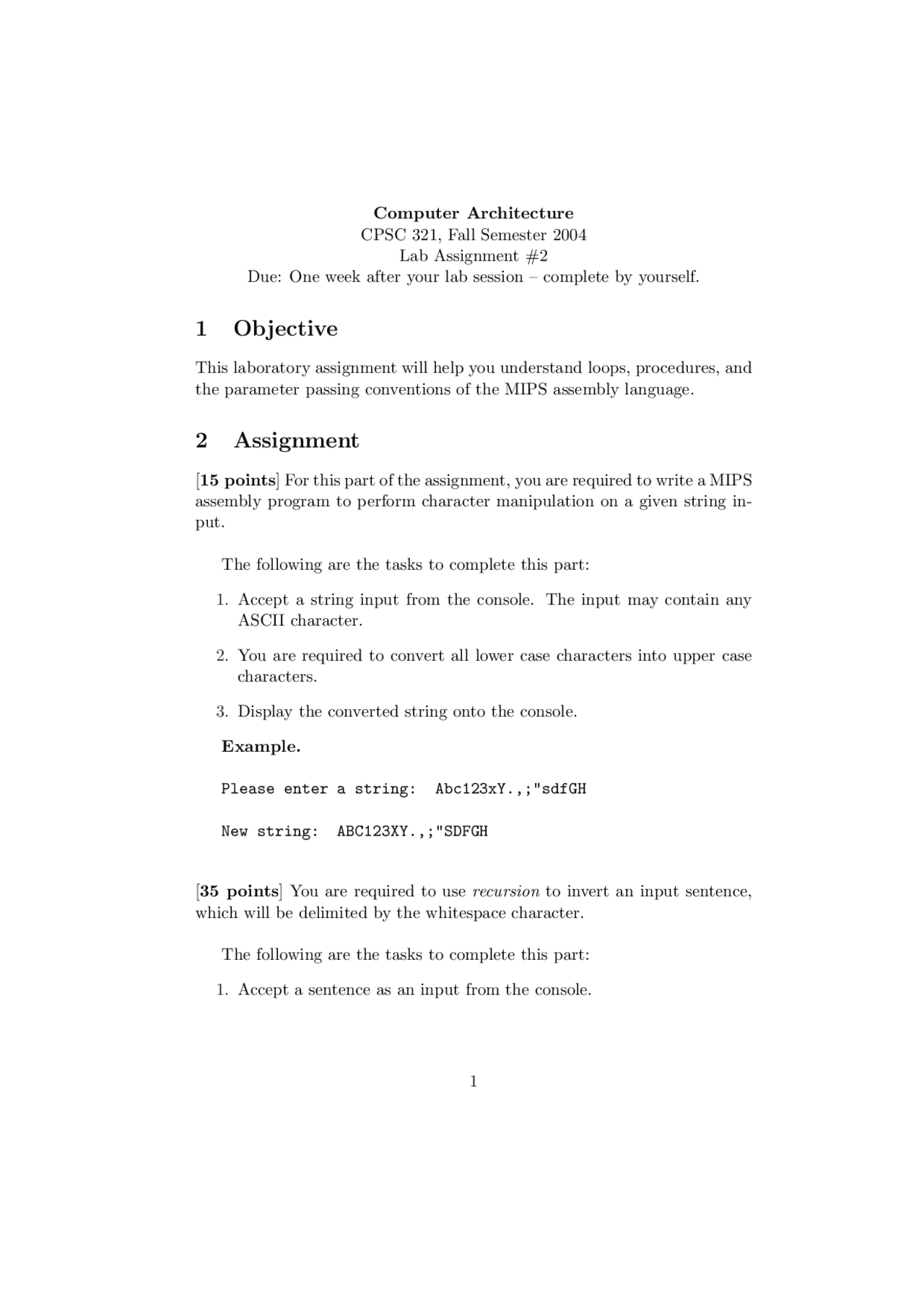 MIPS Assembly Lab Assignment: Character Manipulation and Recursion | Lab Reports Computer ...