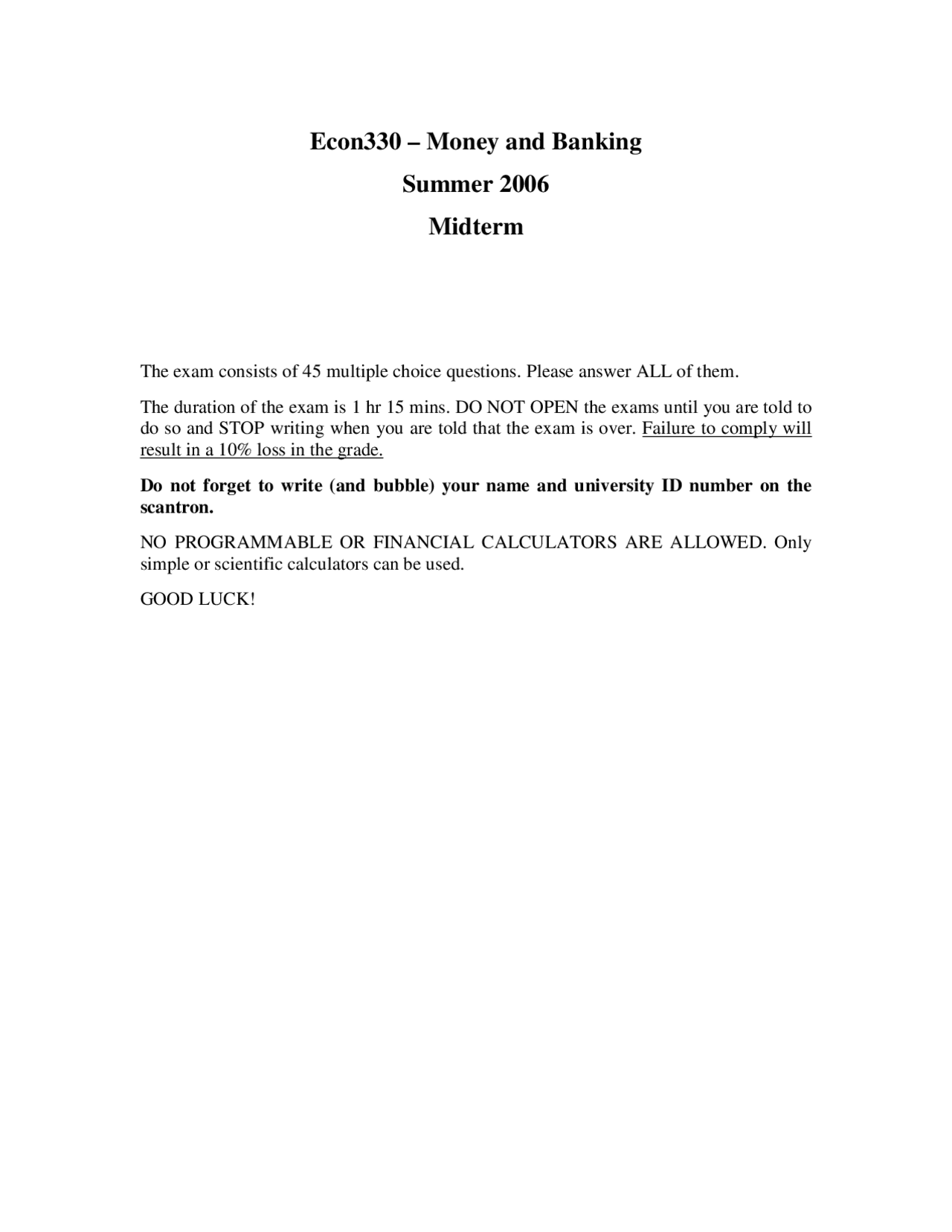 45 Questions On Money And Banking Midterm 1 Econ 330 Docsity