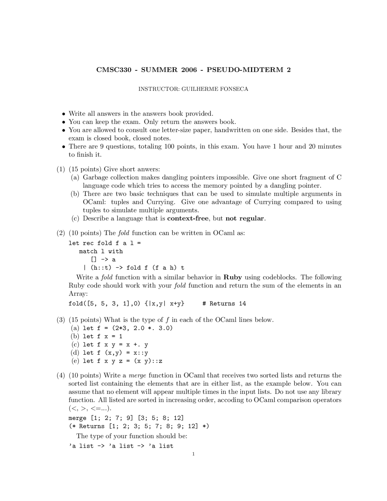 Midterm Exam 2 Organization Programming Language Cmsc 330 Docsity 4762