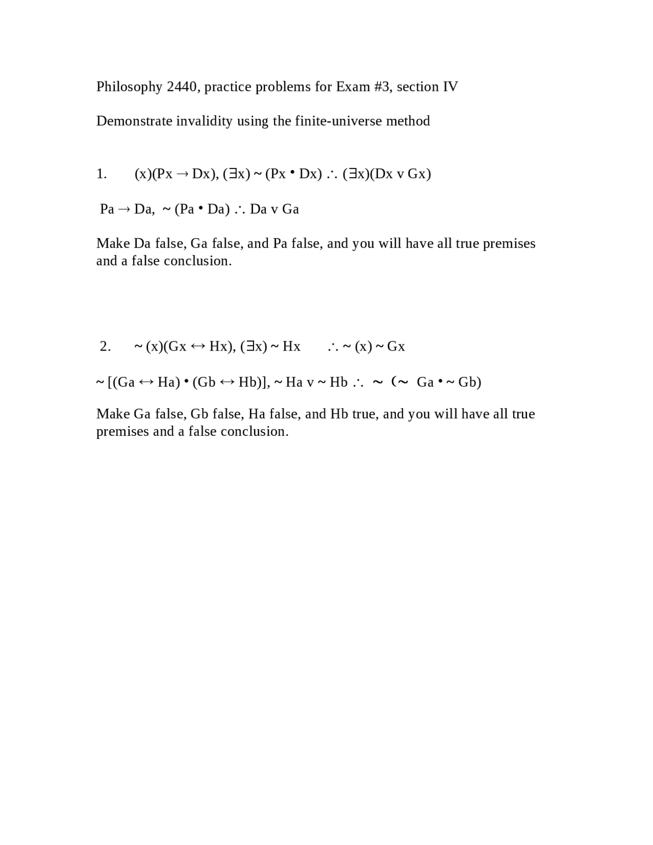 Exam 3 Practice Problems On Symbolic Logic Phil 2440 Docsity