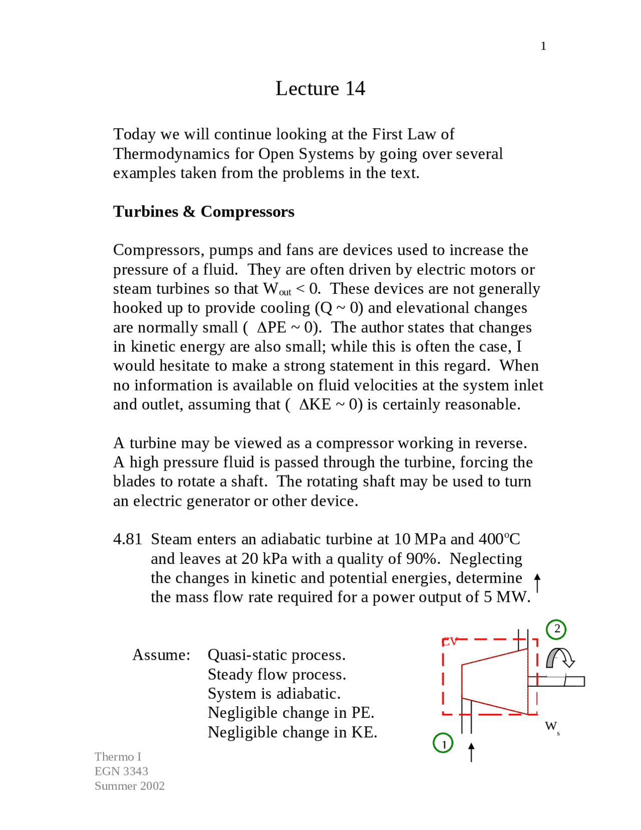 First Law Of Thermodynamics For Open Systems Egn 3343 Docsity