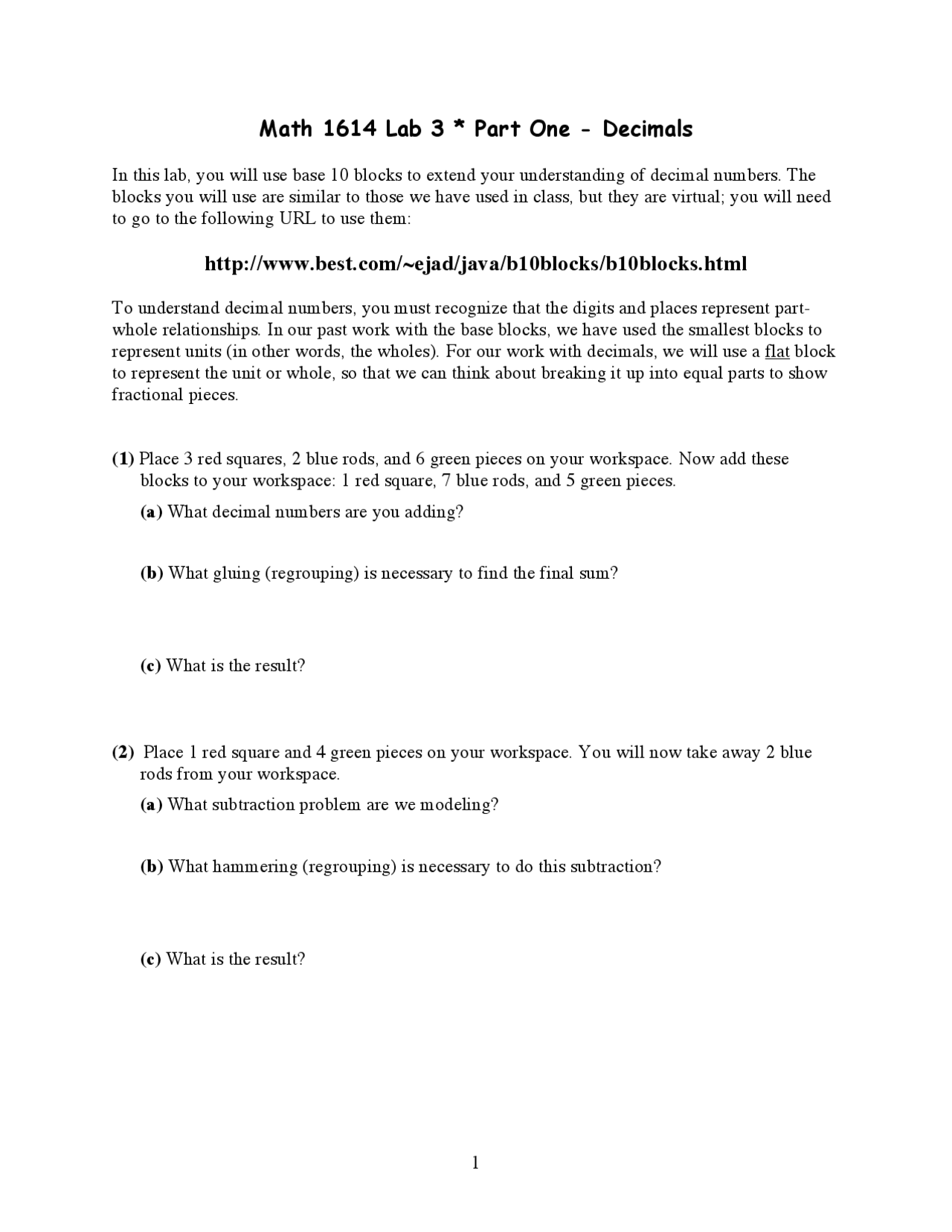 Lab 3 Decimals Number And Computing For Teachers Math 1614 Docsity