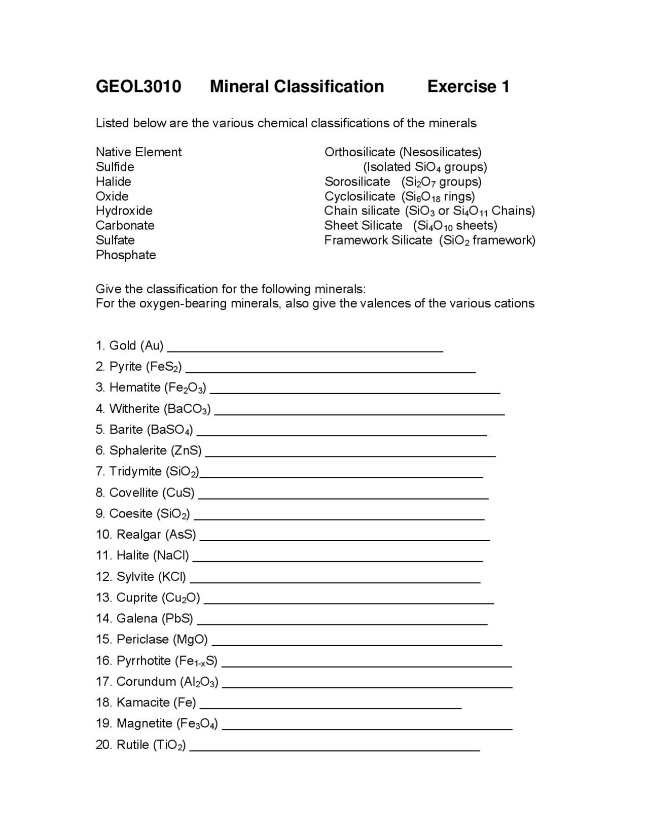 Practice Exercise 1 Introduction To Mineralogy Geol 3010 Docsity