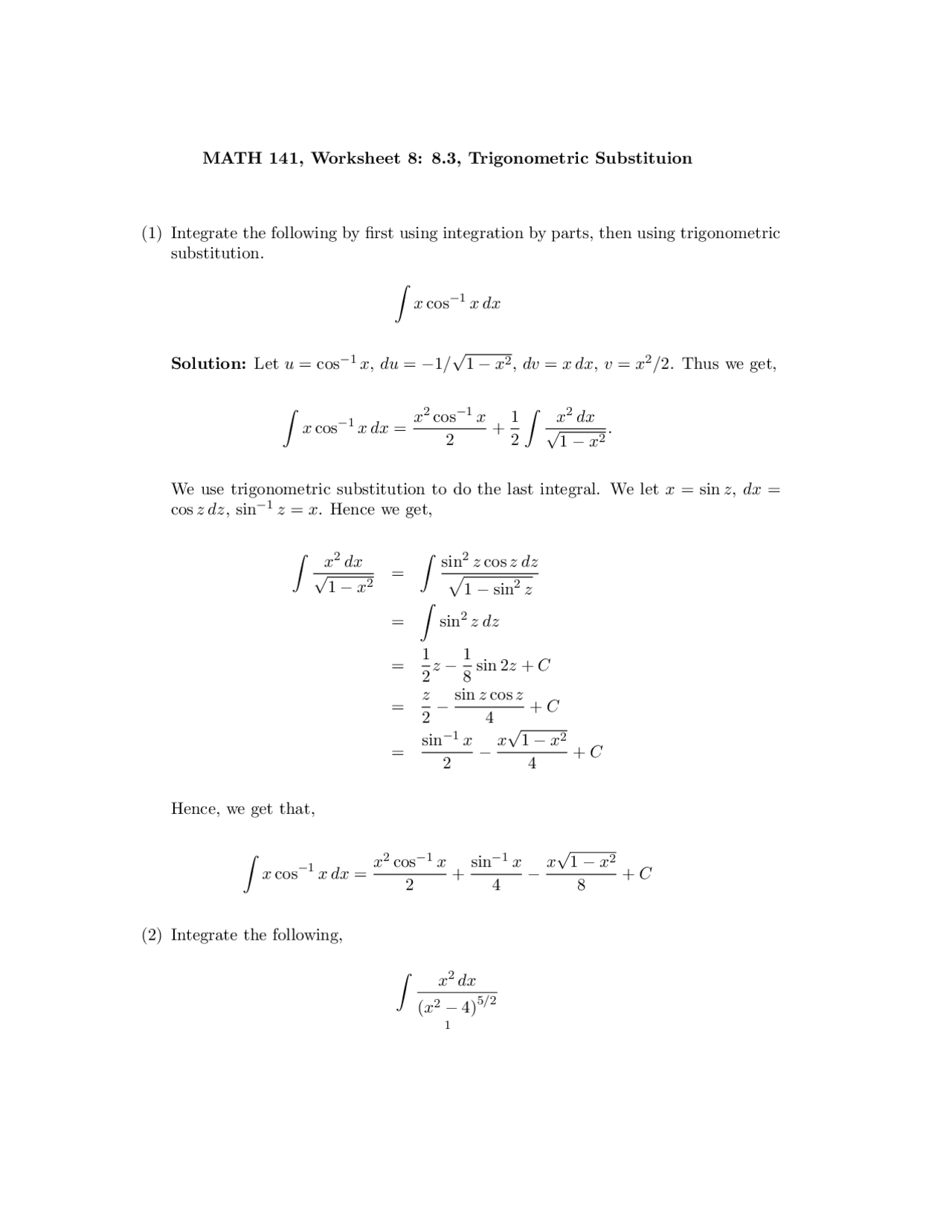 Trigonometric Substitution Worksheet 8 Math 141 Docsity