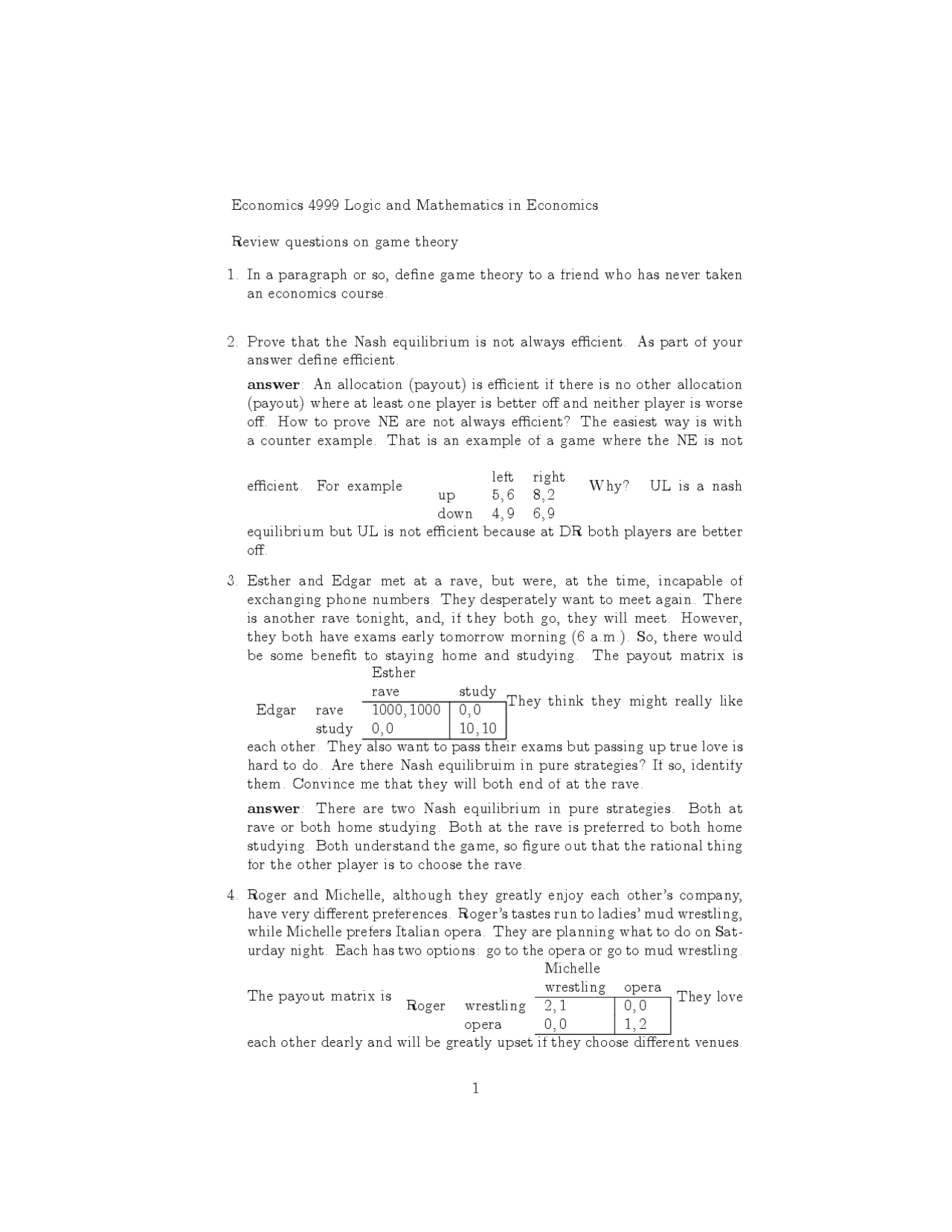Review Questions On Game Theory Economics In Action A Capstone