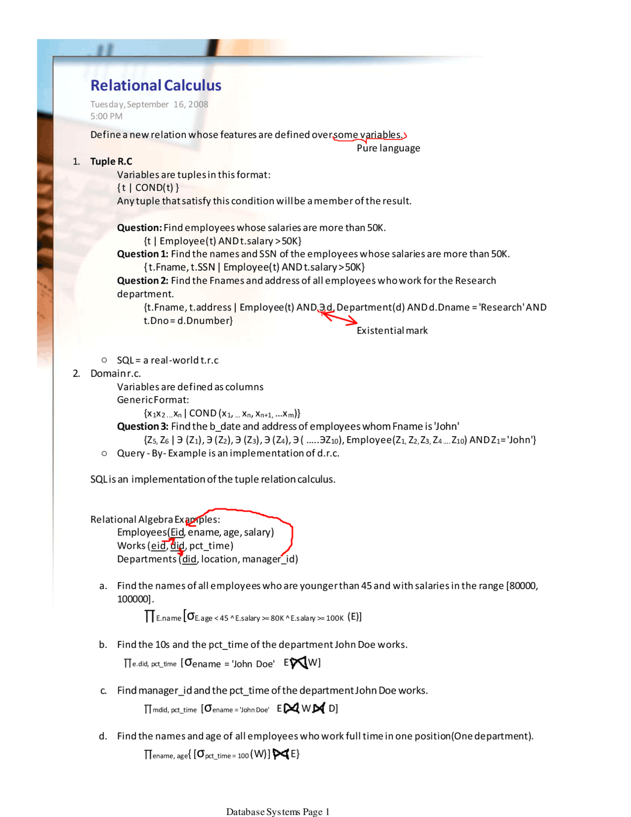 Notes On Relational Calculus Database Systems Eel 4852c Docsity