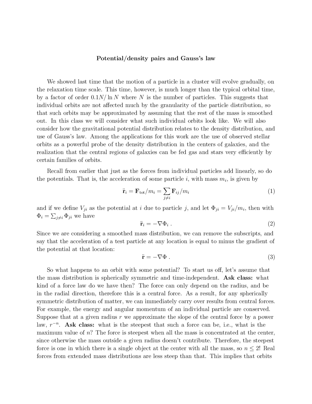 Notes On Potential And Density Pairs And Gausss Law Astr 320 Docsity