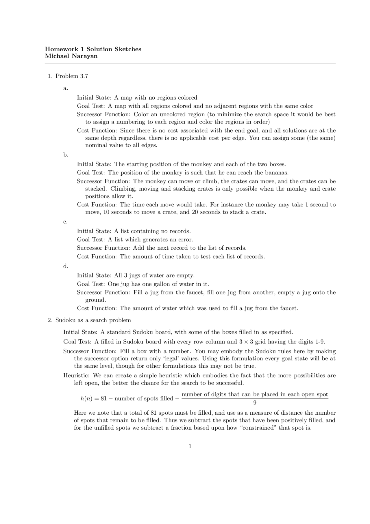Homework 1 Solution Sketches Introduction To Artificial Intelligence